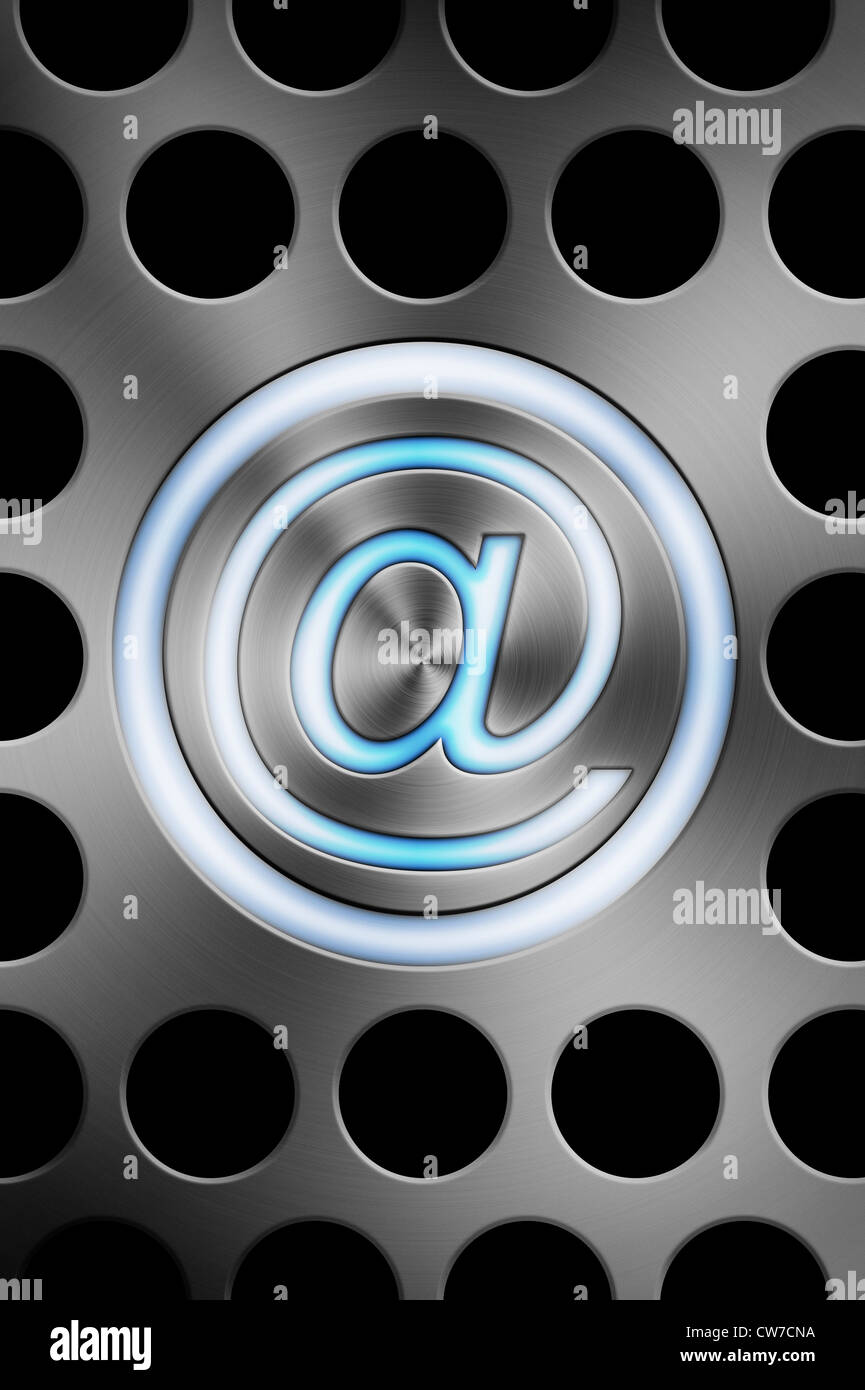 Email @ 'AT' symbol. Backlit button on a brushed aluminium surface ...