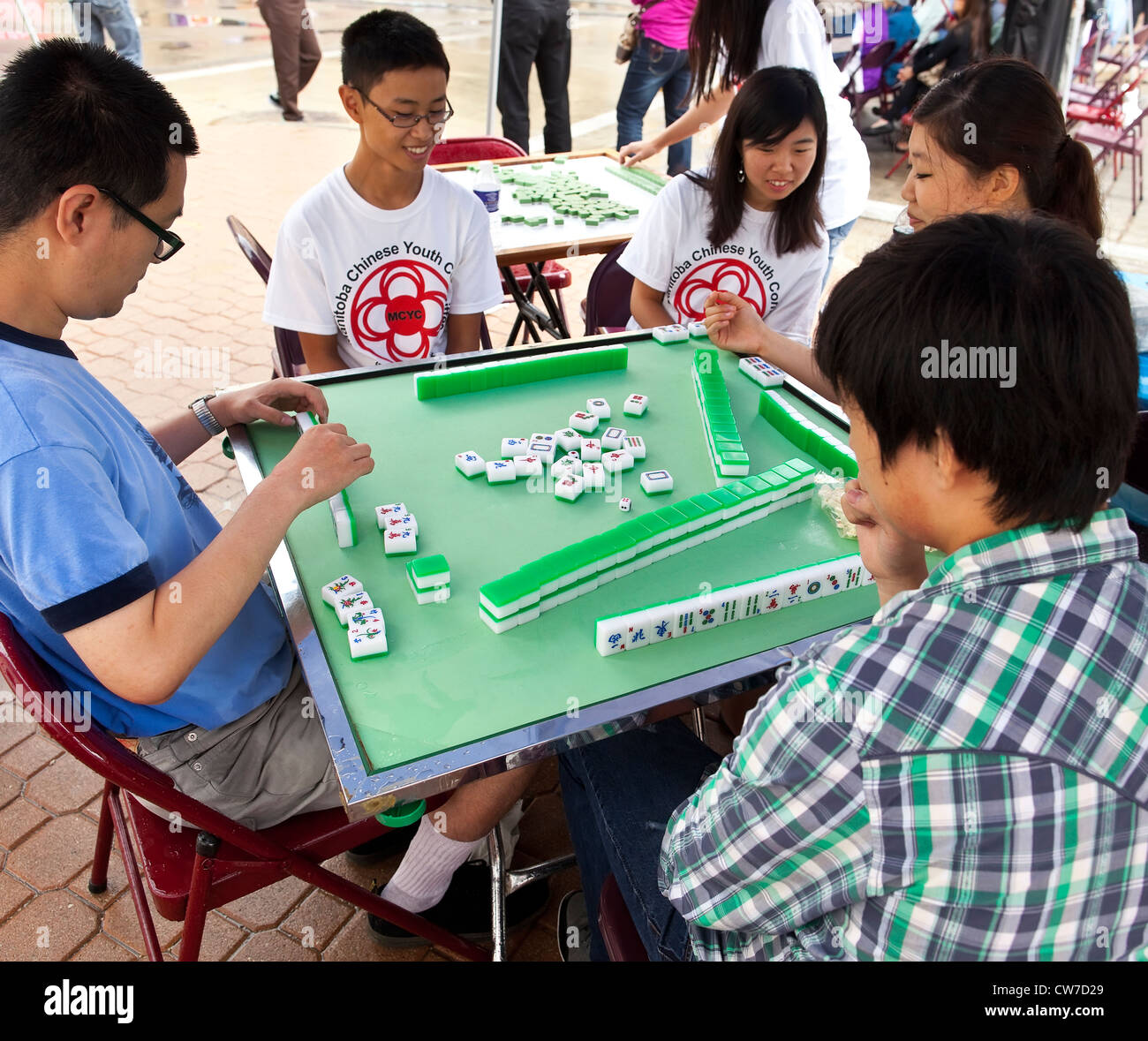 Chinese youth playing mahjong, Chinatown, Winnipeg, Manitoba, Canada ...