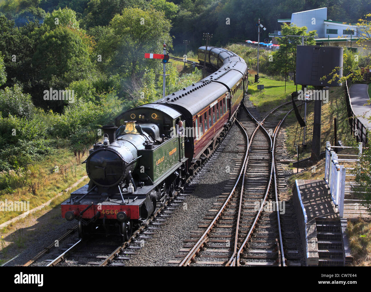 GWR No 4566, 2-6-2 Small Prairie Tank engine enters Highley Station ...