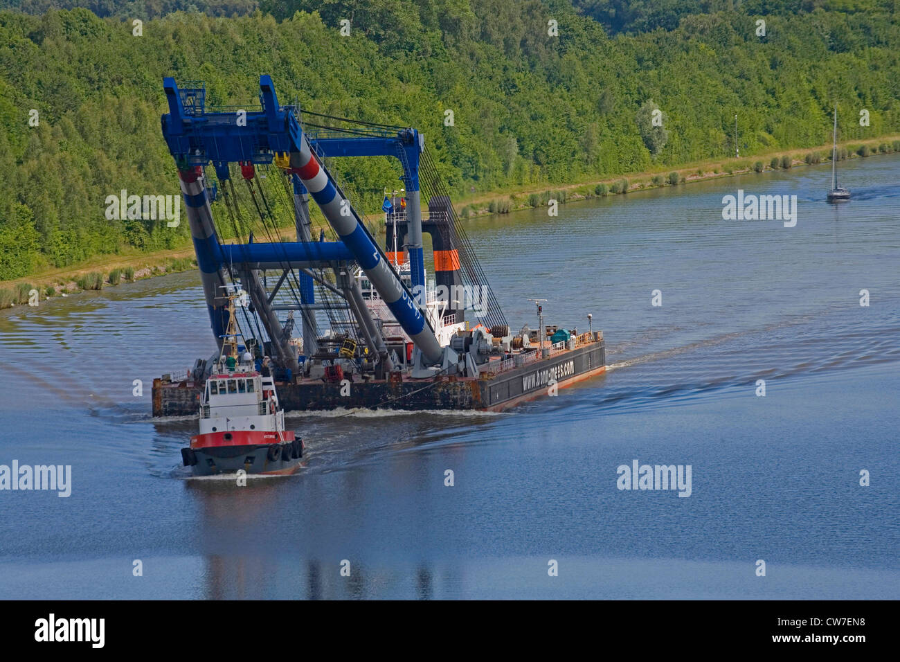 tugboat and crane vessel Matador 3 on Kiel Canal, Germany, Schleswig ...