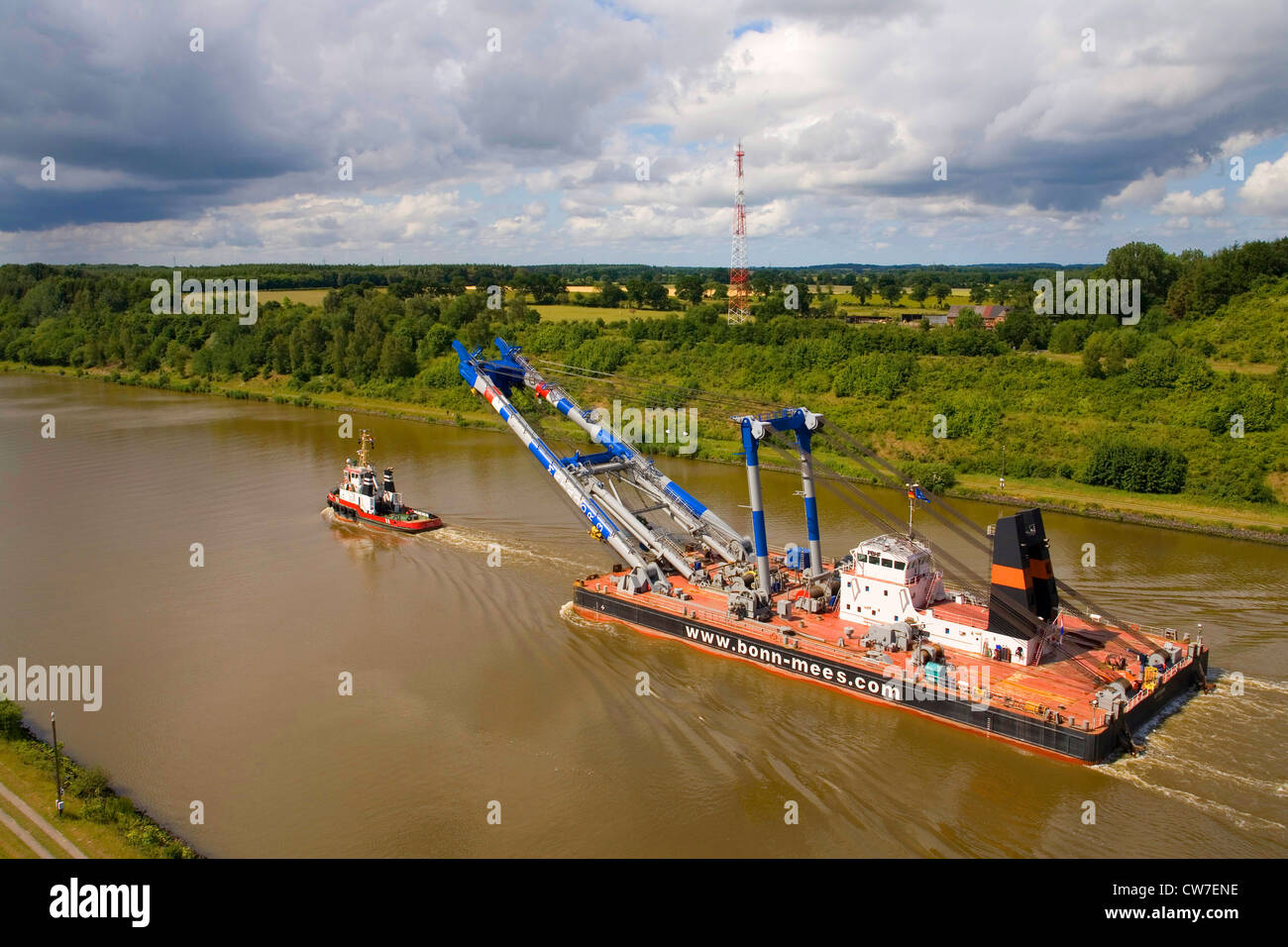tugboat and crane vessel Matador 3 on Kiel Canal, Germany, Schleswig ...