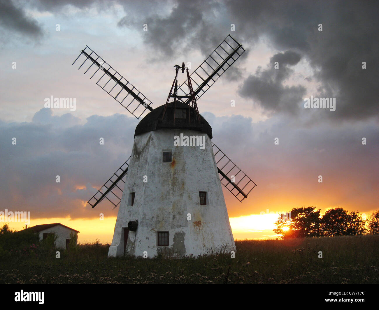 old Myragre mill at sunset, Denmark, Bornholm, Aarkirkeby Stock Photo ...