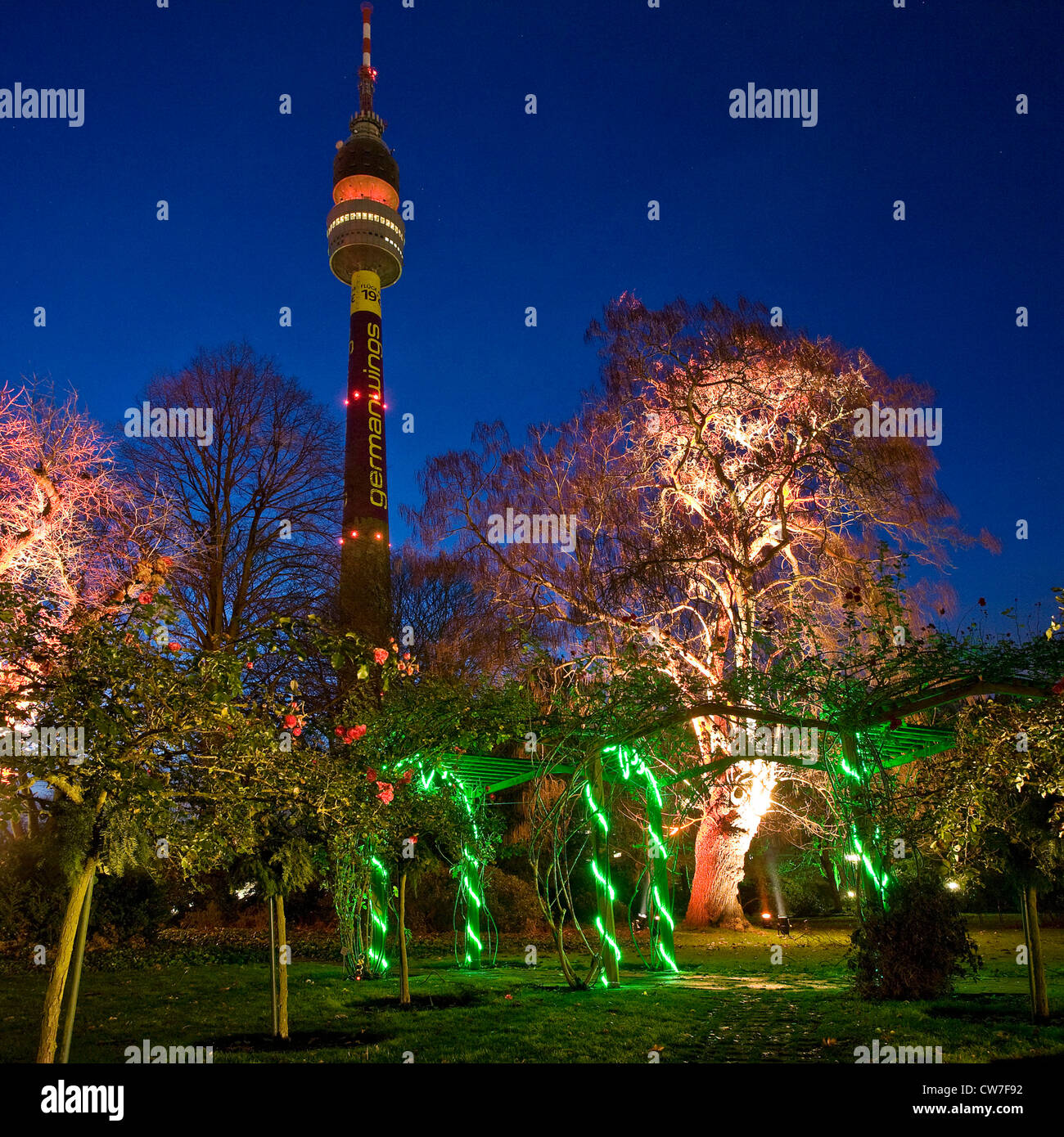 illuminated Westfalenpark in twilight, television tower Florian in ...