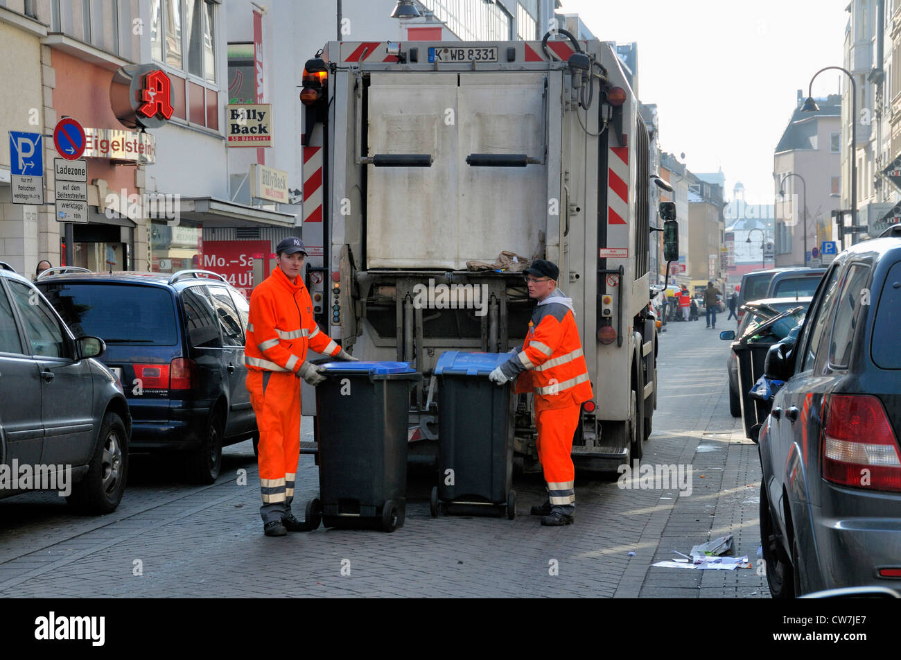 refuse collection service clearing garbage bins, Germany, North Rhine ...