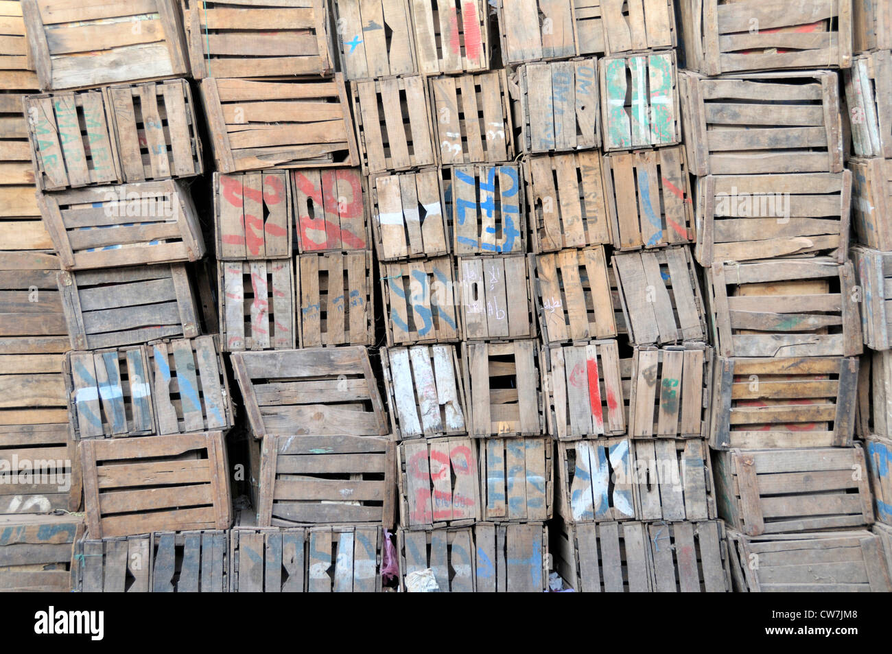 empty boxes on vegetable and fruit market, Morocco, Inezgane Stock ...
