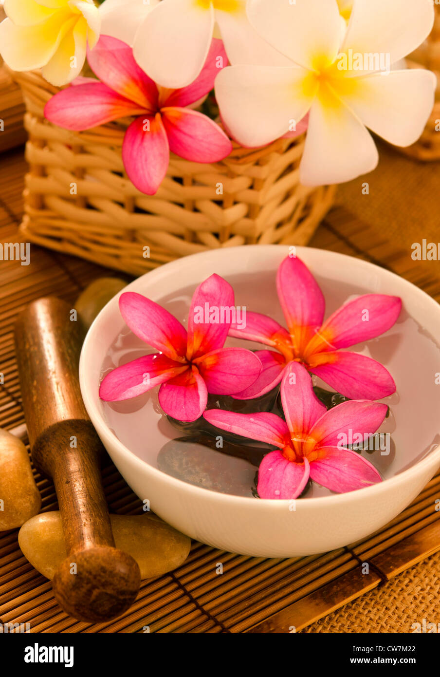 Tropical spa with Frangipani flowers on water. Low lighting, suitable ...