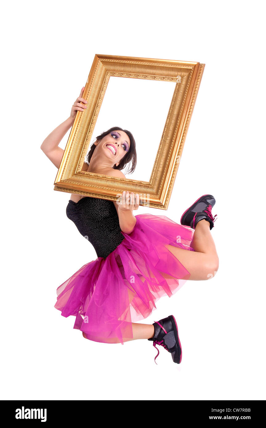 Beautiful girl jumping with frame isolated in white Stock Photo - Alamy