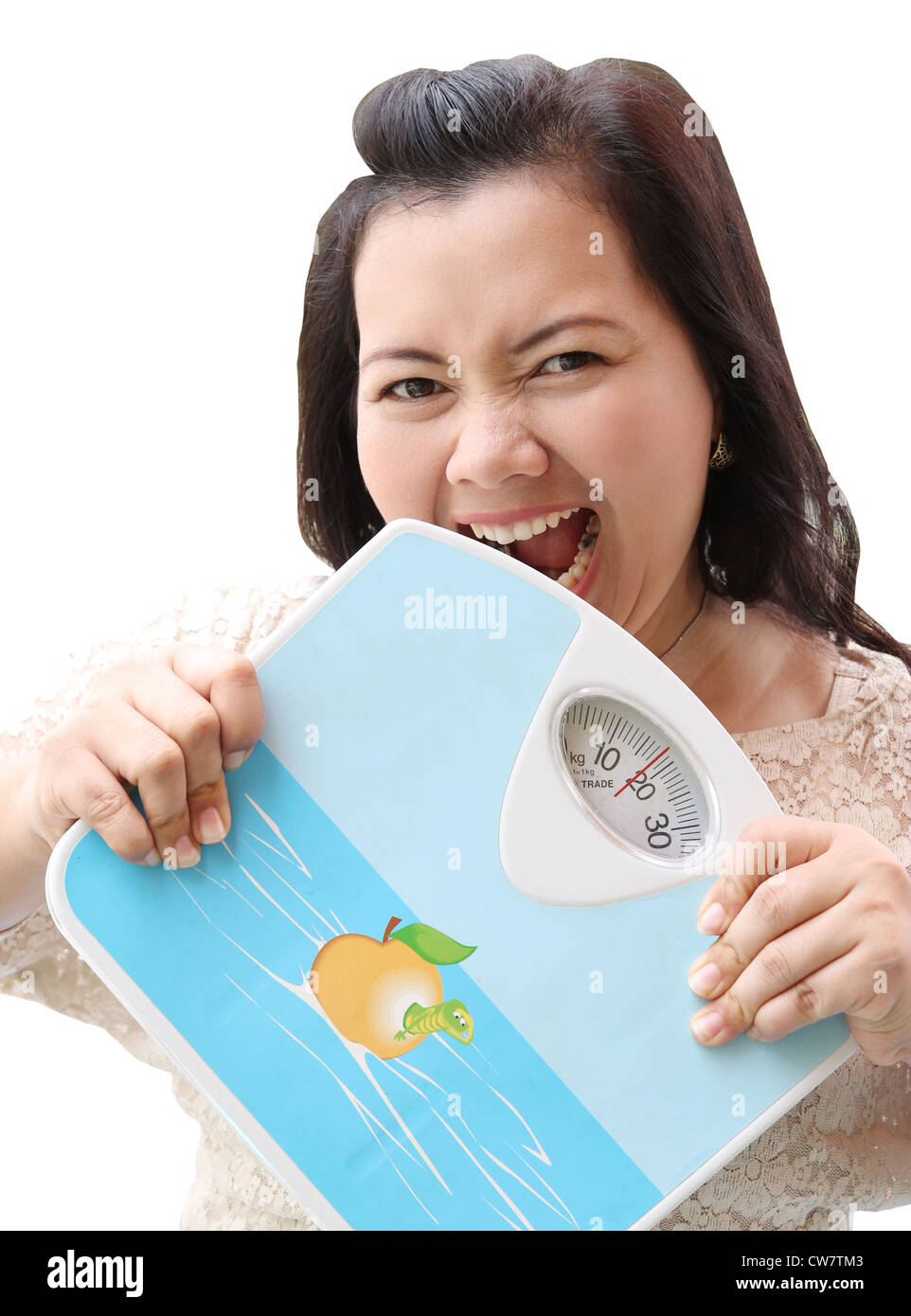 Image of woman holding weight scale and will bite weight scale Stock ...