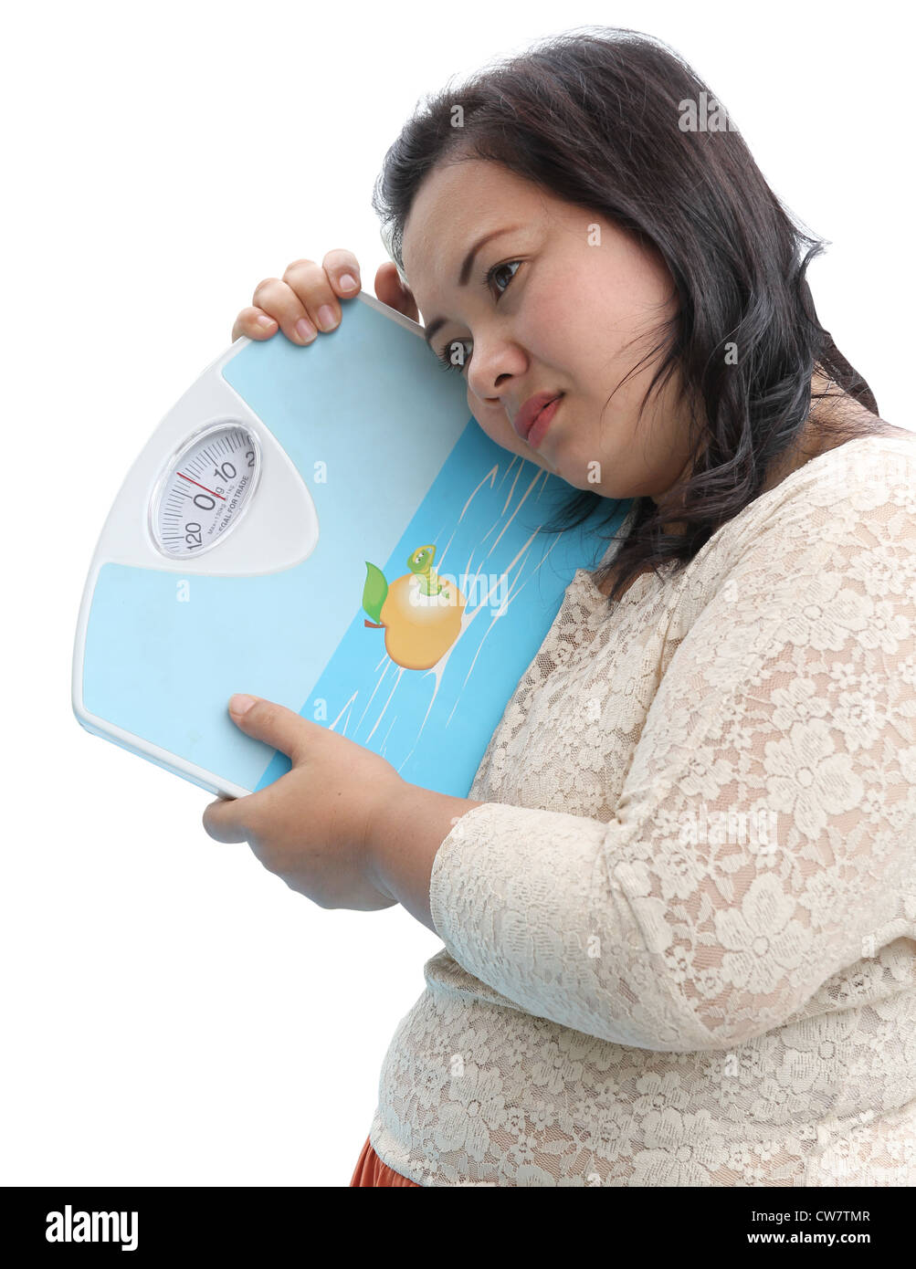 Image of fat woman holding and hug weight scale Stock Photo - Alamy
