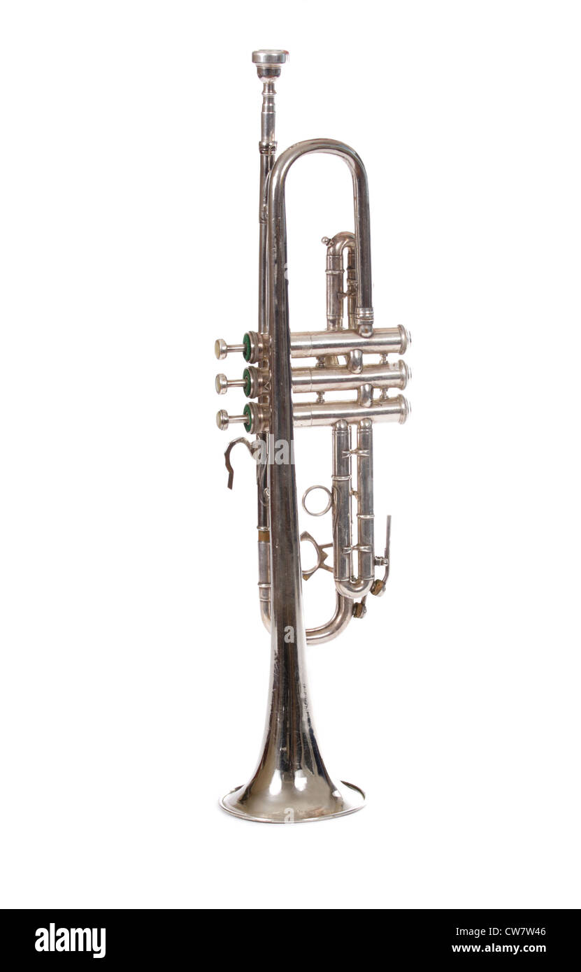 silver trumpet photo on the white background Stock Photo - Alamy