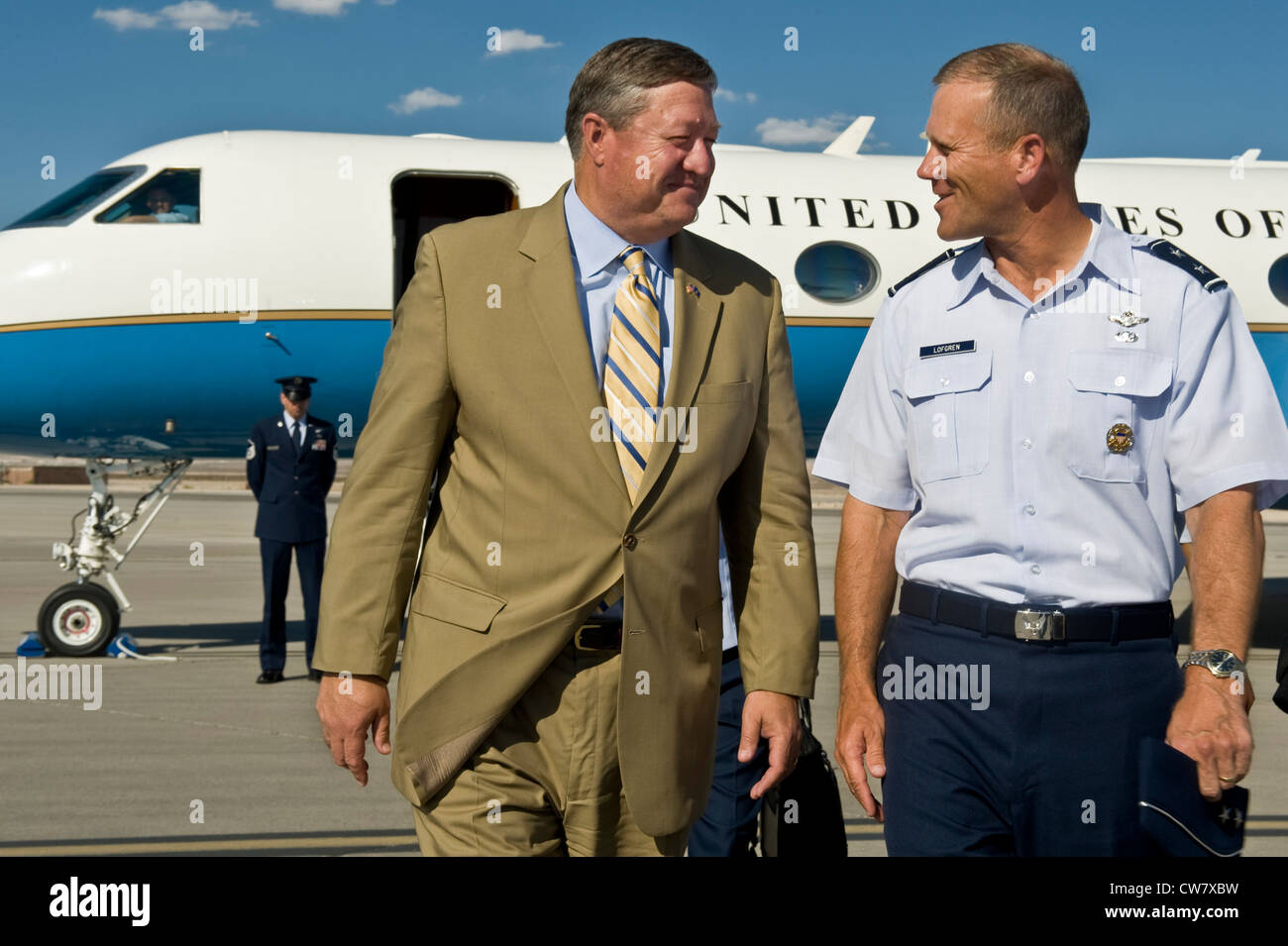 Secretary of the U.S. Air Force Michael B. Donley, is greeted by Maj ...