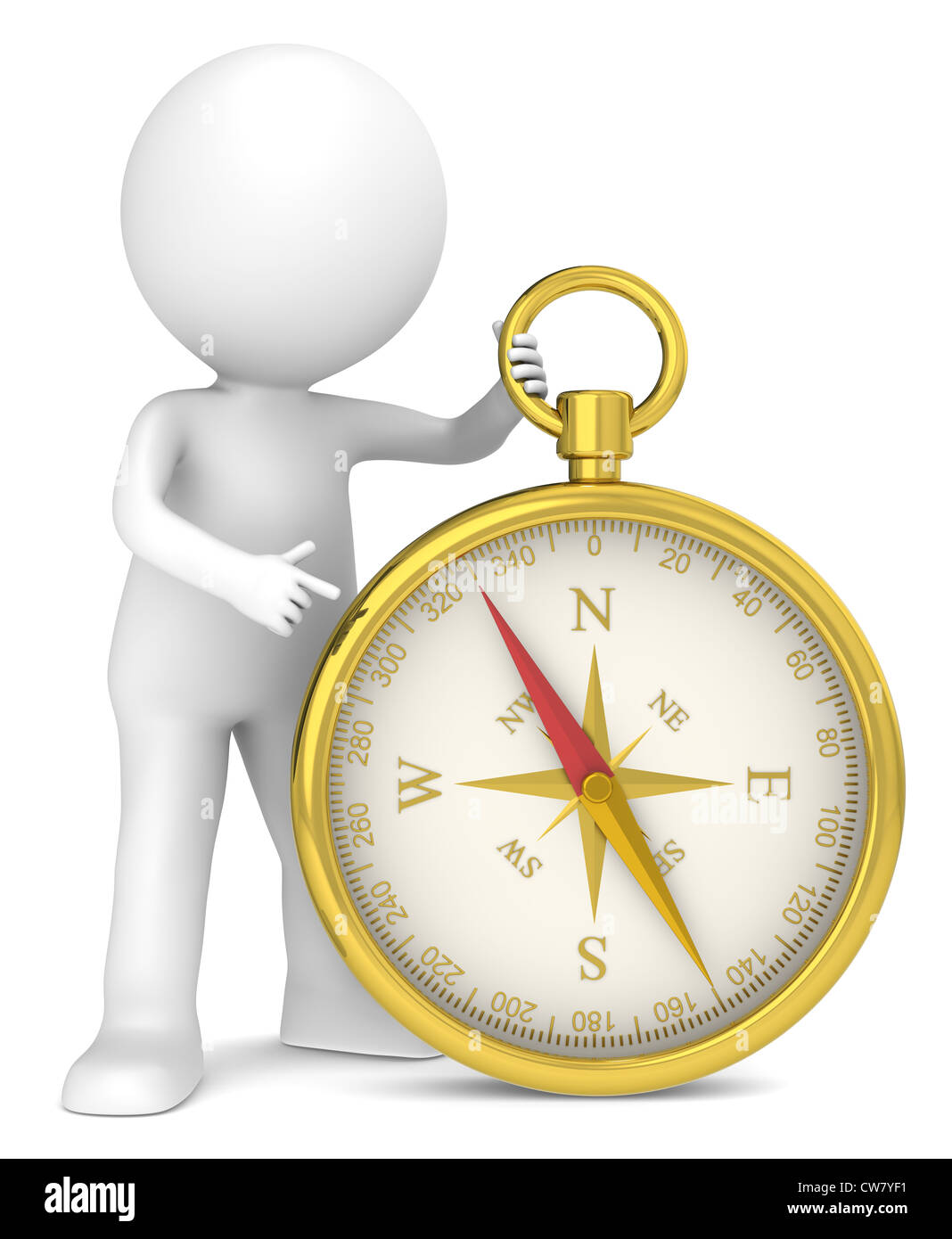 3D little human character Pointing at a Vintage Brass Compass. People ...
