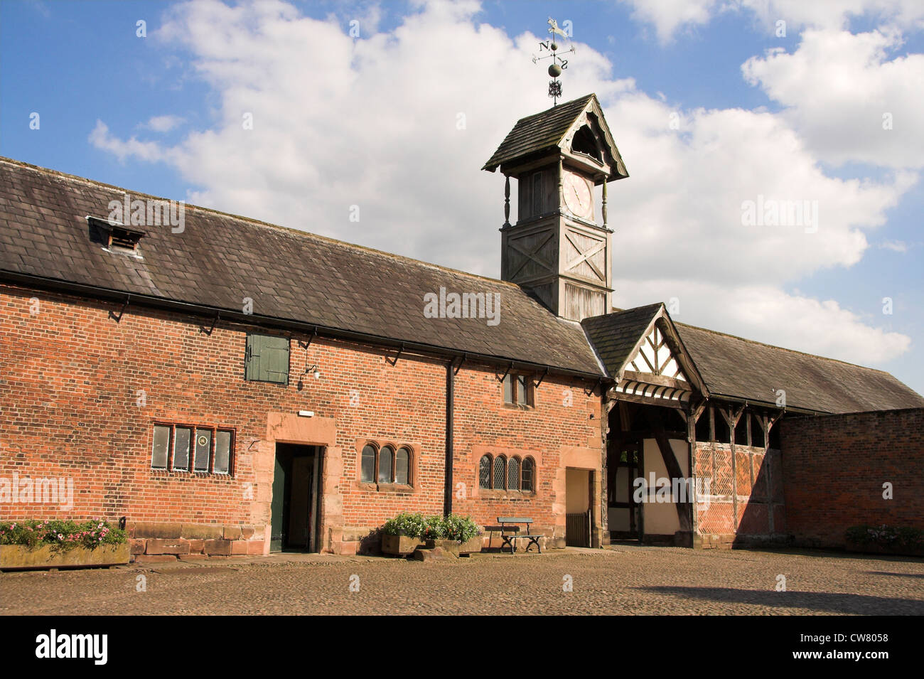 Wooden Clock Tower and Cruck Barn, Arley Hall and Gardens, Cheshire, UK ...