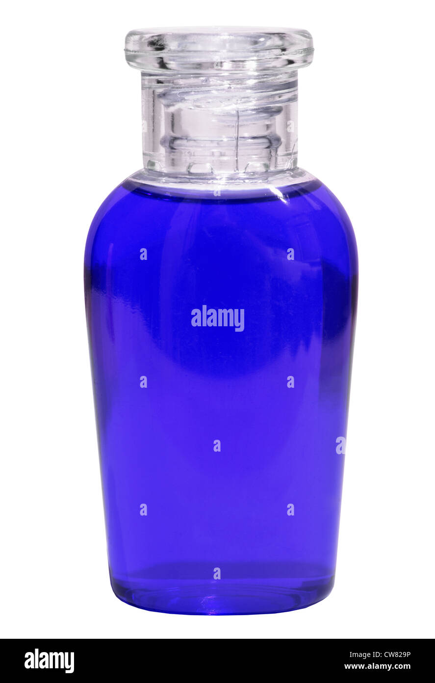 Small bottle full of blue liquid isolated on white background Stock ...
