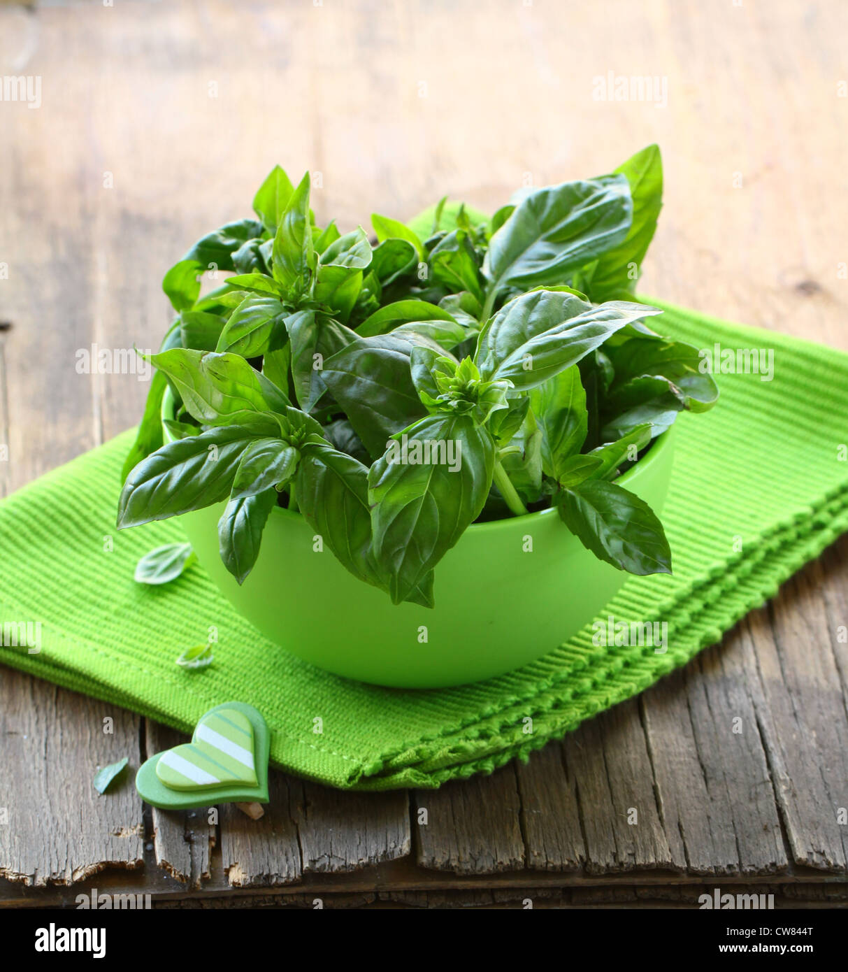 fresh green basil on a wooden table Stock Photo - Alamy