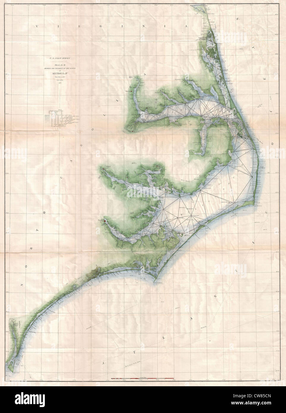 1875 U.S. Coast Survey Chart or Map of the Carolina Coast Stock Photo ...