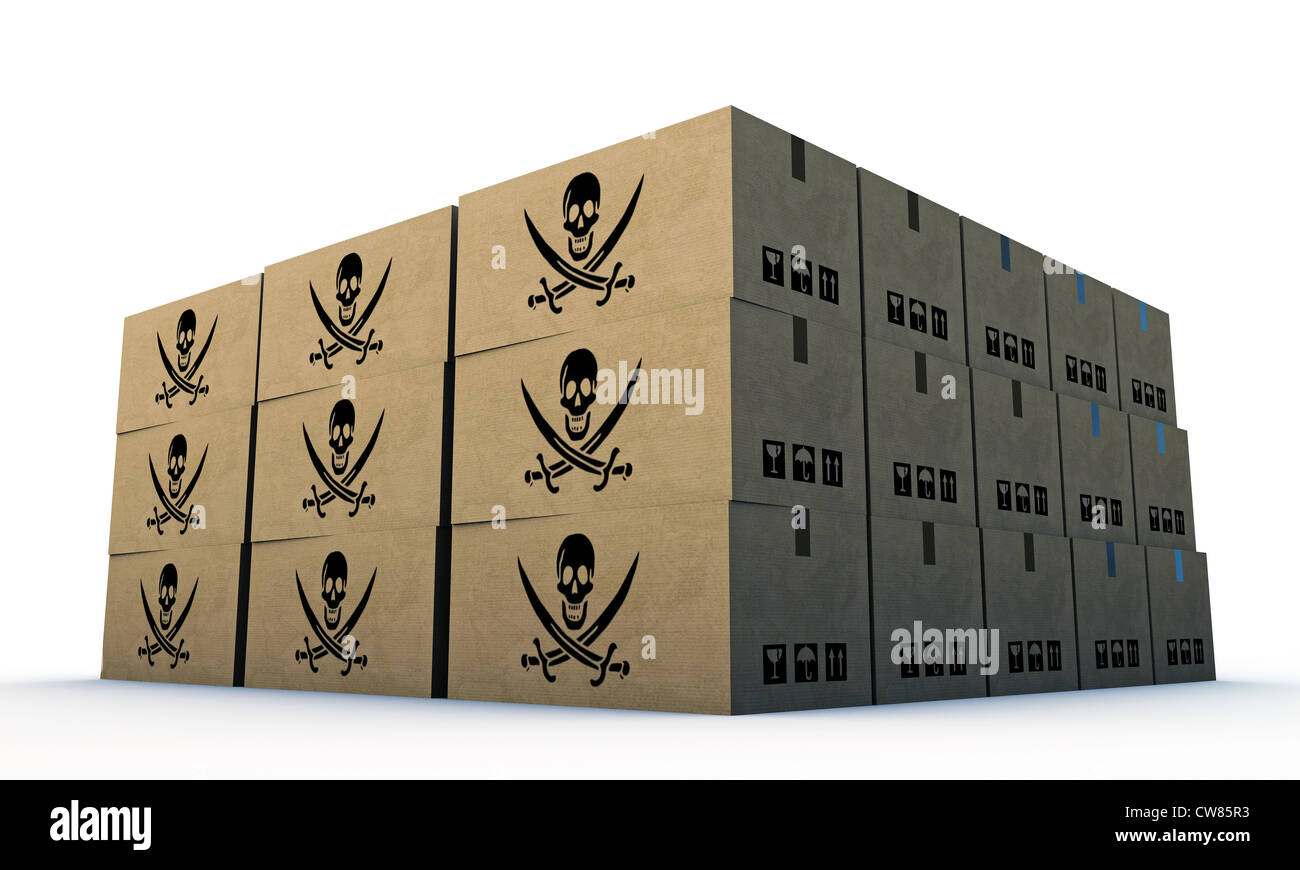 cardboard boxes with pirates skull isolated on white background Stock ...