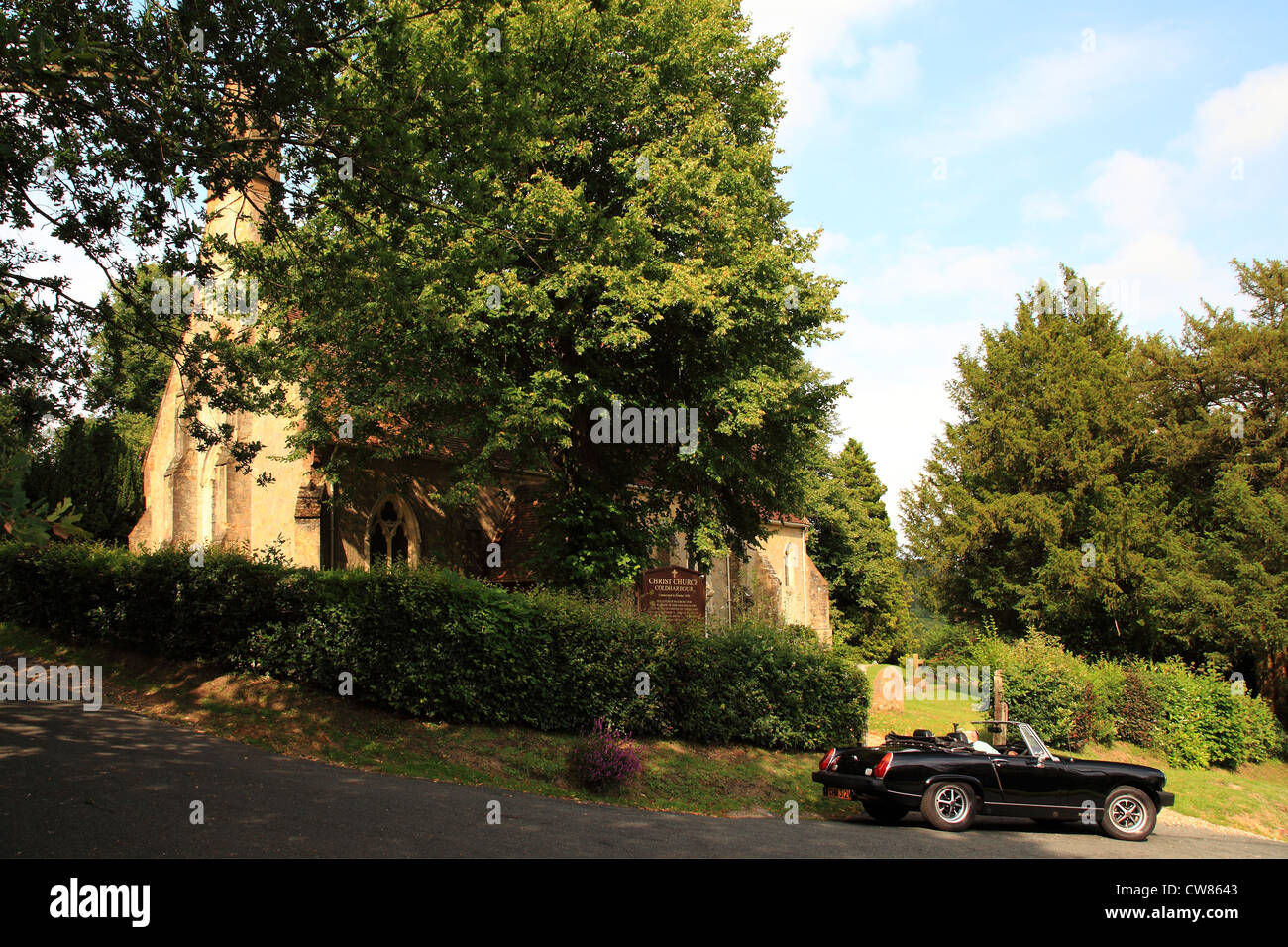 Christ Church and old black MG Miget, Coldharbour, Surrey Hills ...