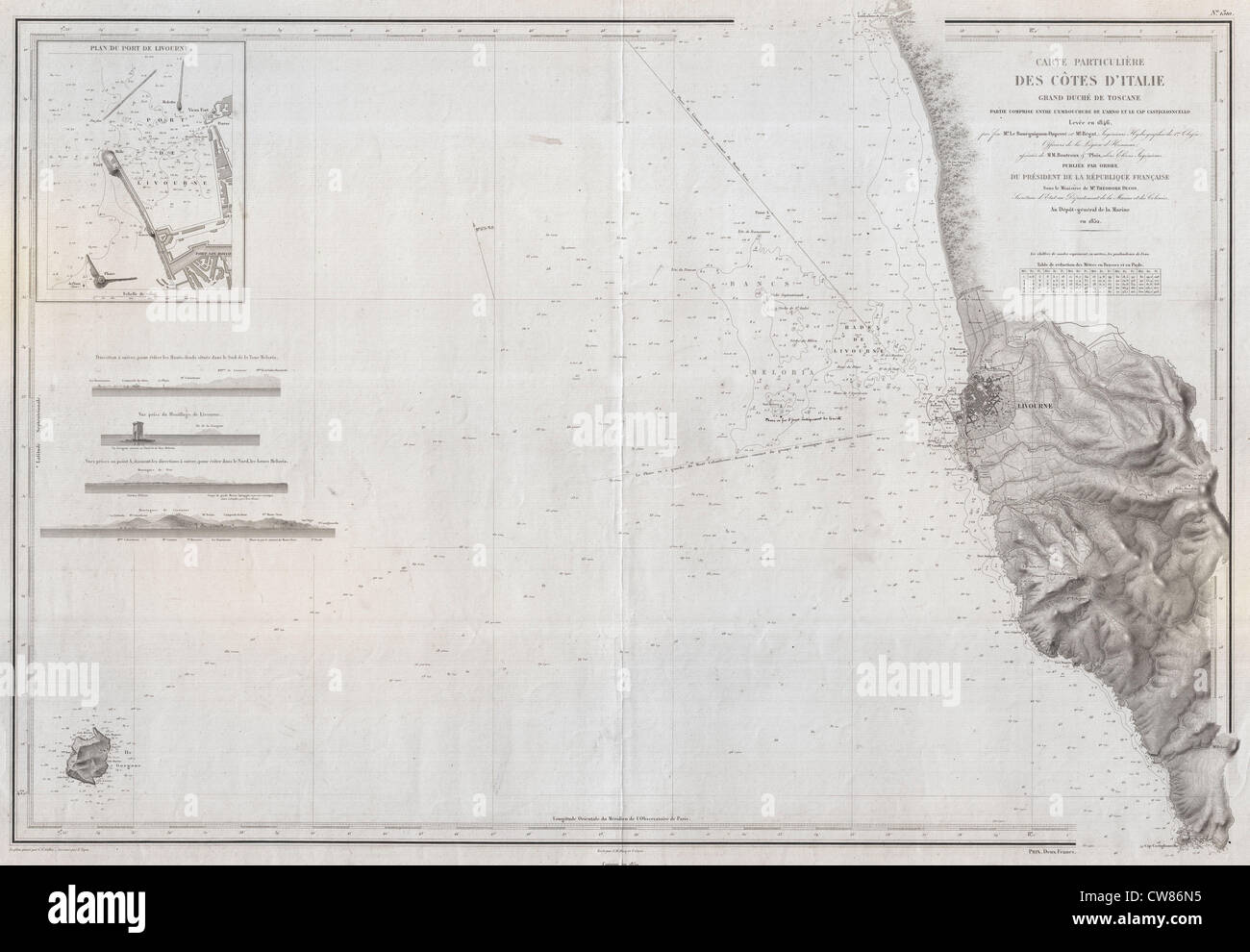 The 1852 Depot de la Marine Nautical Chart of Livorno, Italy, is a ...