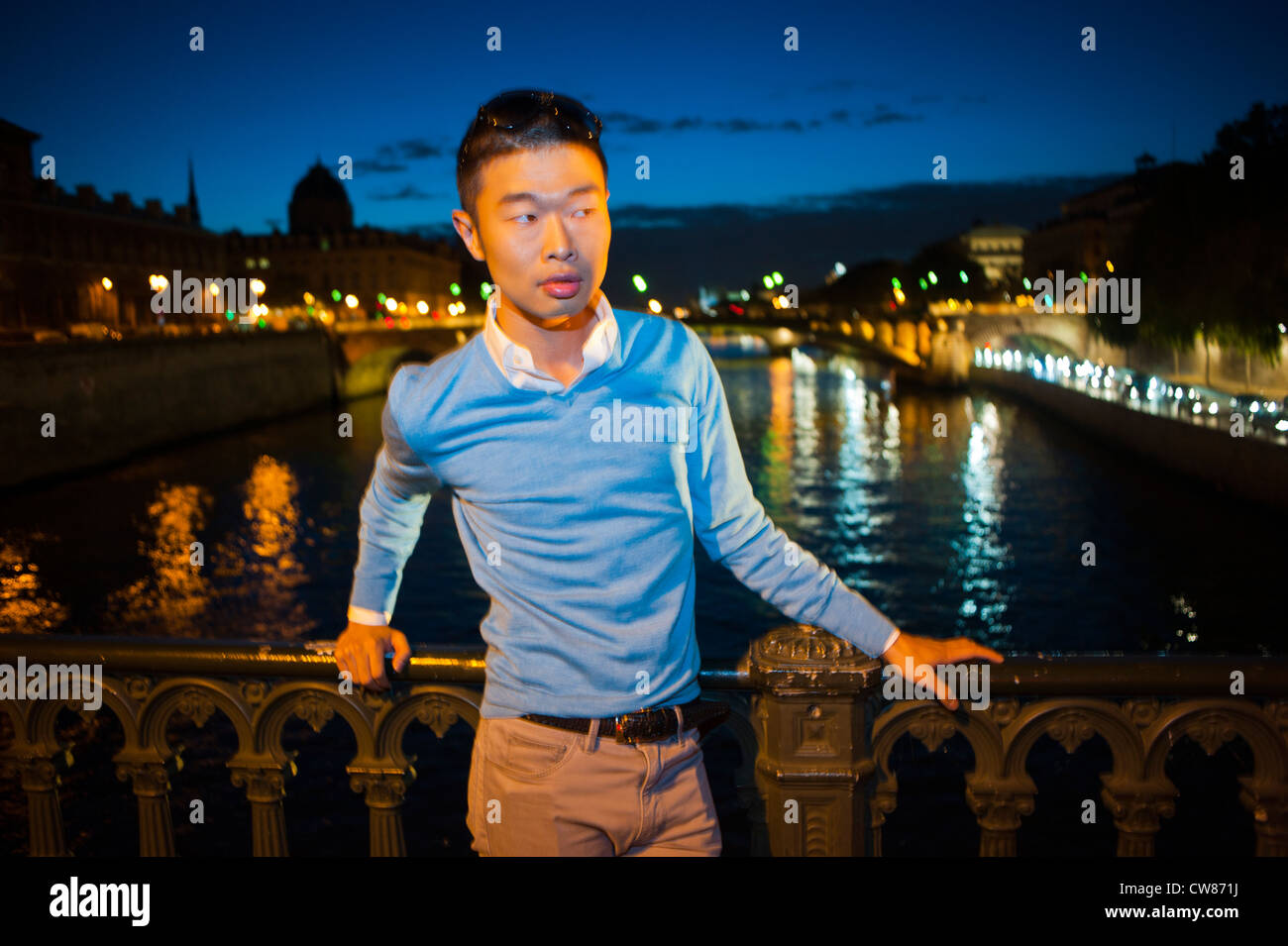 Paris, France, Young Chinese Man, Standing on Bridge on Seine River ...