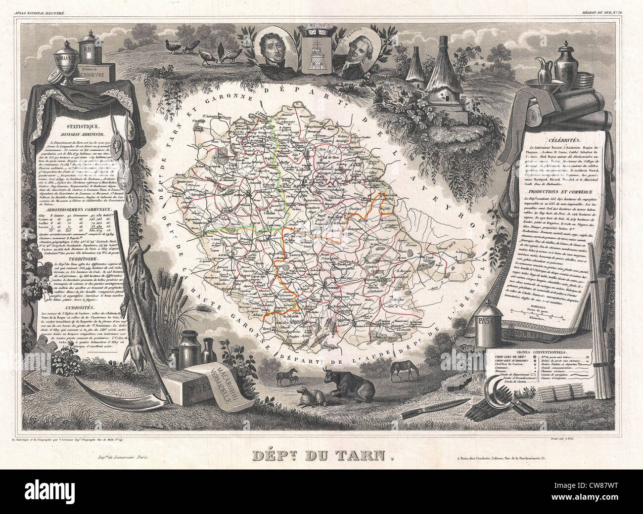 The 1852 Levasseur map of the Department de Tarn, France, is an antique ...