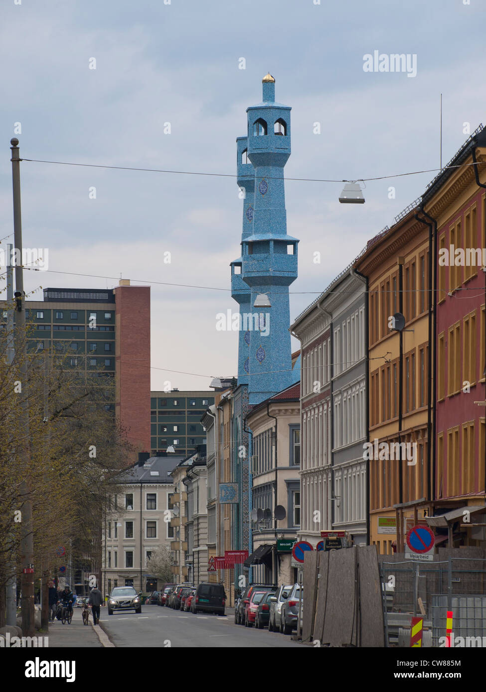 Towers of mosque in Grønland area of downtown Oslo covered with azure ...