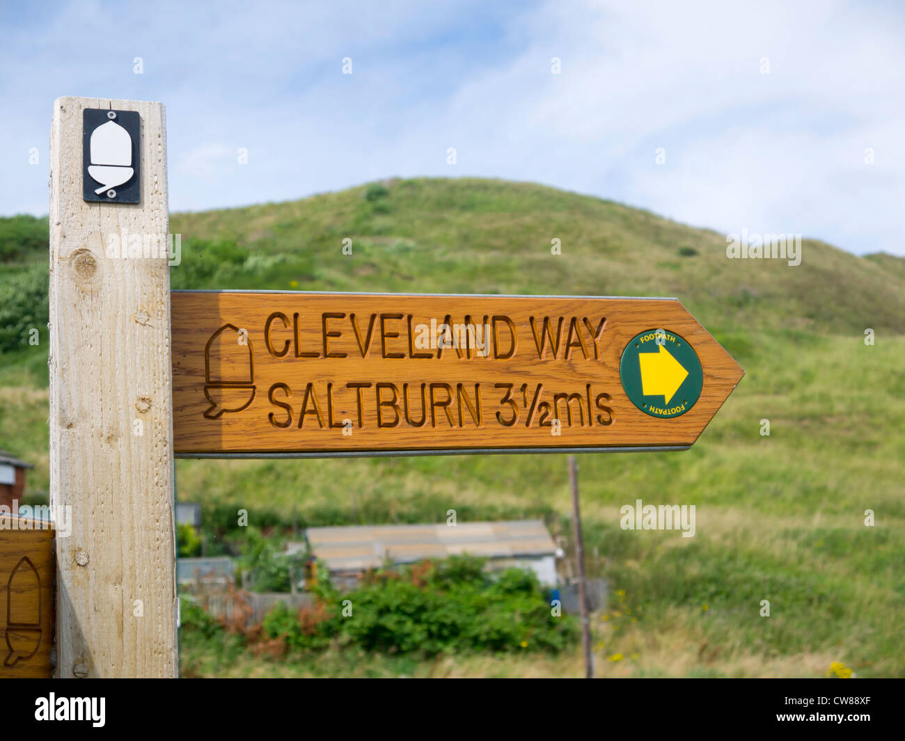 Waymarked sign post at Skinningrove on the Cleveland Way long distance ...
