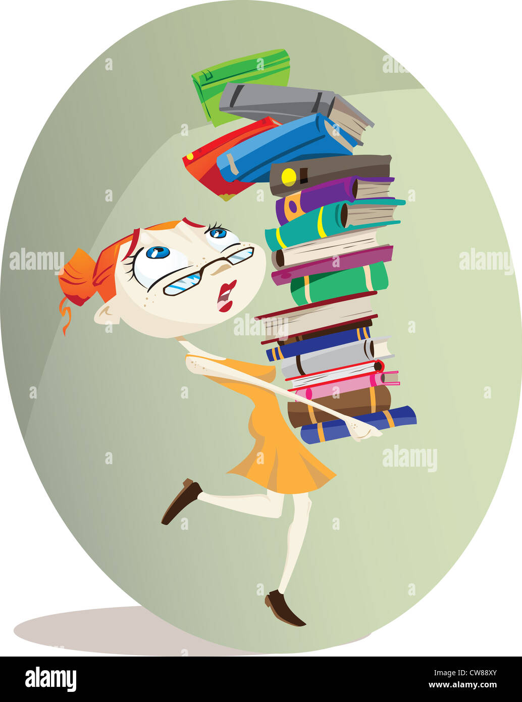 A cartoon librarian carries a huge pile of books. Illustrator .eps v10 ...