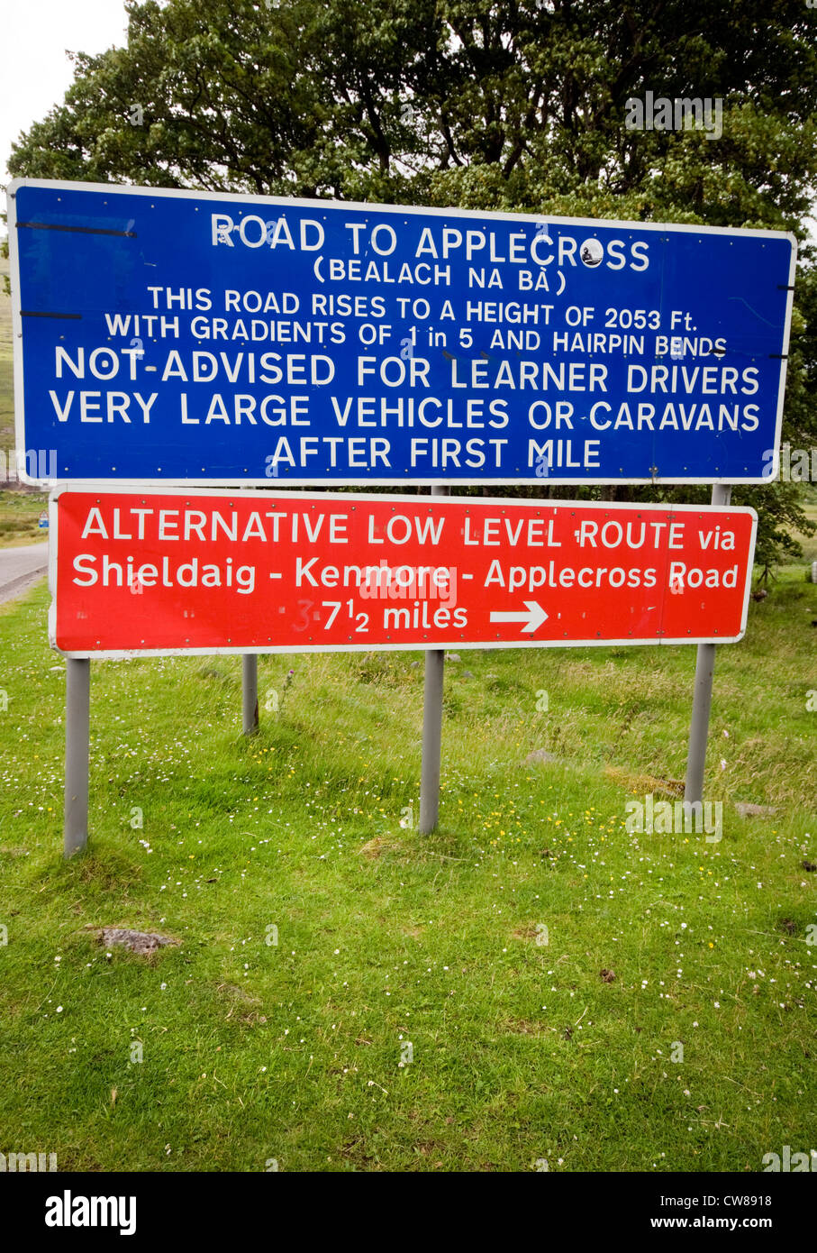 The road sign at the foot of Bealach Na Ba, the winding mountain road ...