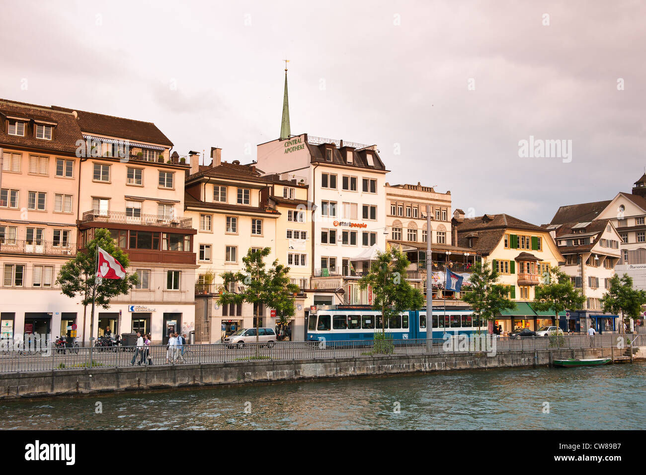 Zurich, Switzerland. Downtown buildings on the Limmat River waterfront ...