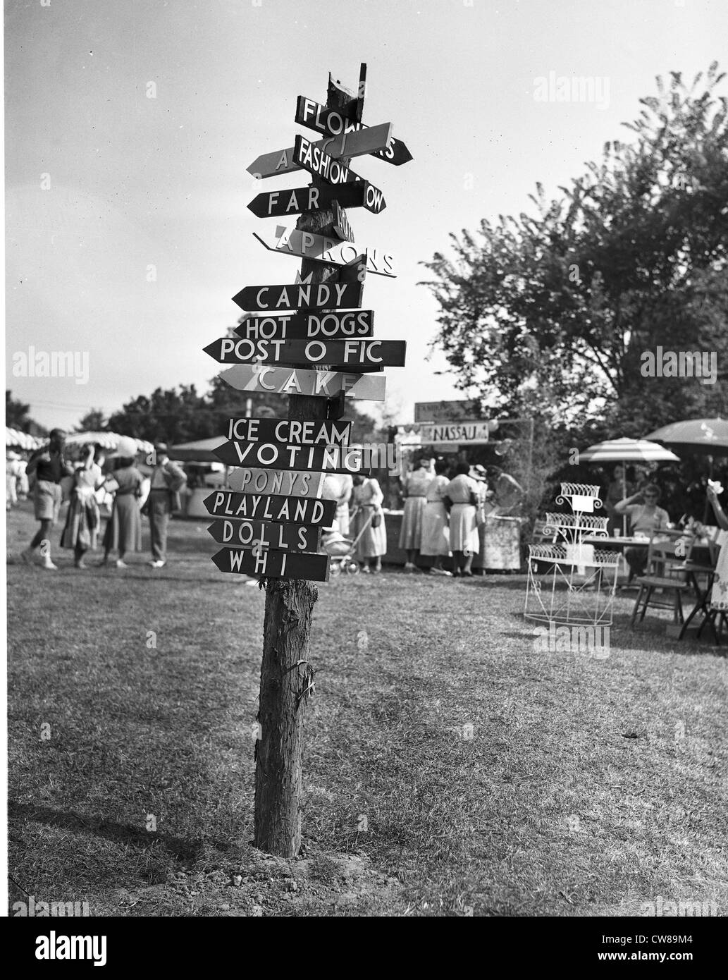 Signpost at the Village Fair in East Hampton, NY ca 1935 Stock Photo ...