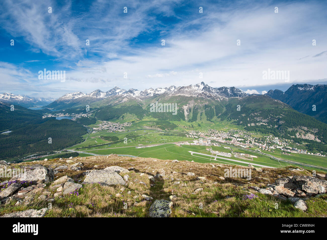 Muottas Muragl, Switzerland. Views of Celerina and St. Moritz from atop ...