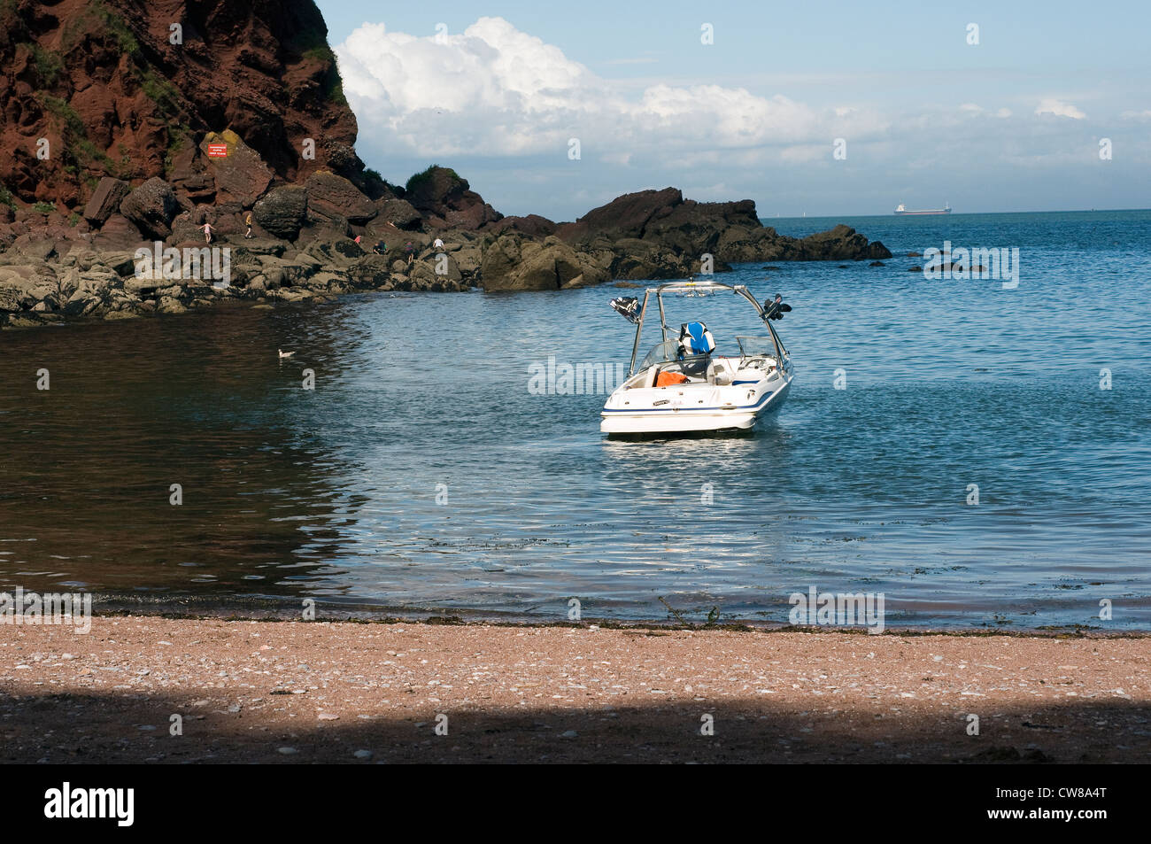 Watcombe beach,Devon,cove,moored,mooring,speedboat, rockfall,freeze ...