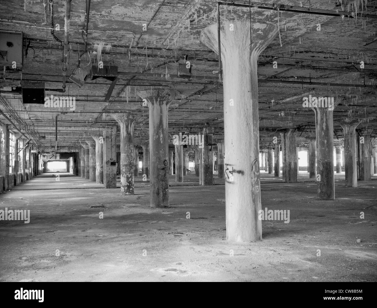 Interior of an abandoned car factory in Detroit Michigan. The windows ...