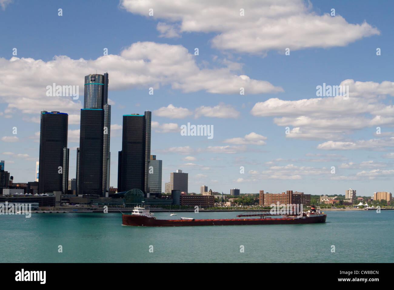 Freighter traveling downstream on the Detroit River past the ...