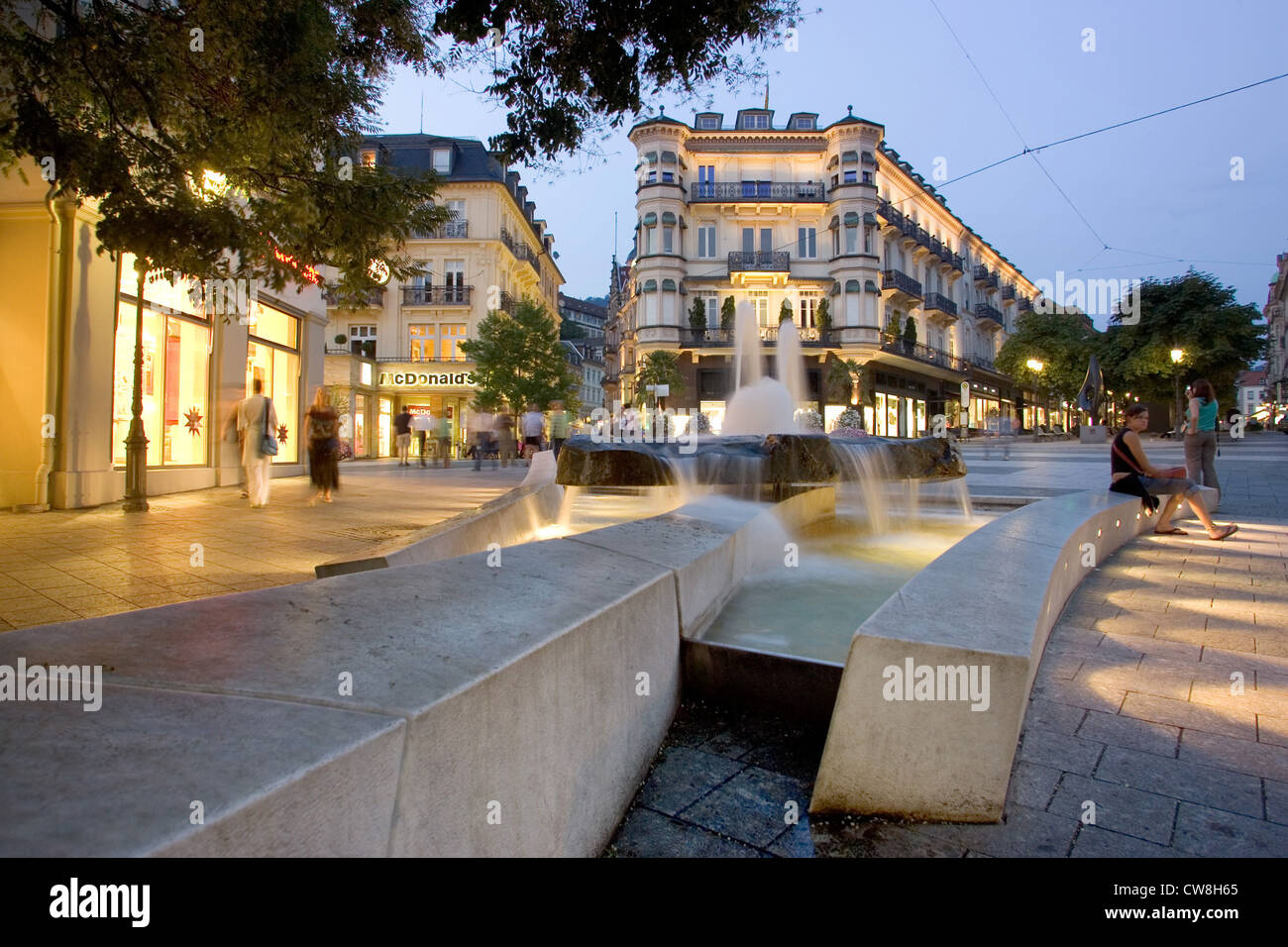 Baden-Baden, overlooking the Leopold Square in the city center at night ...