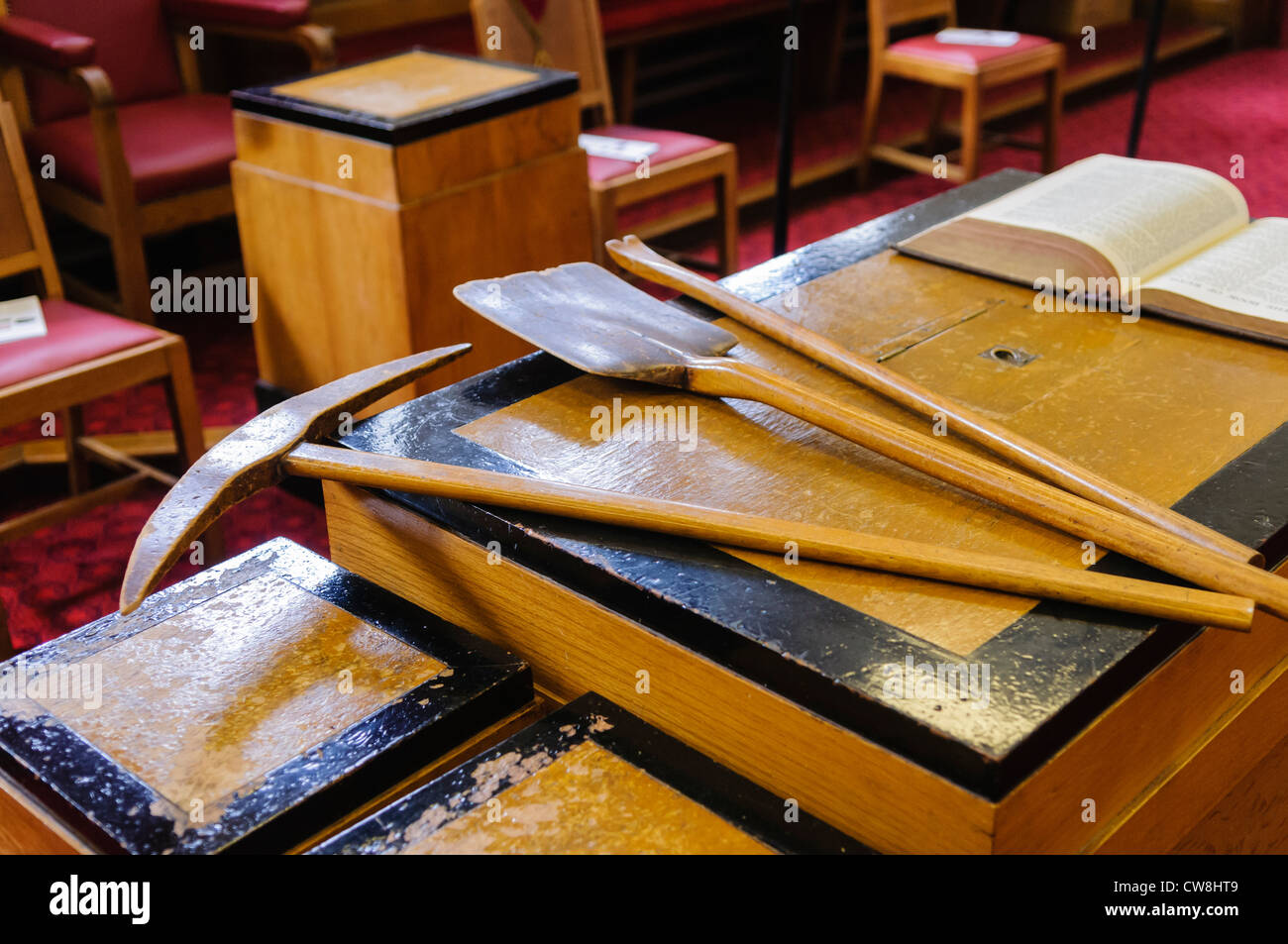 Pick, spade and crowbar on the altar in a red Royal Arch Chapter room ...