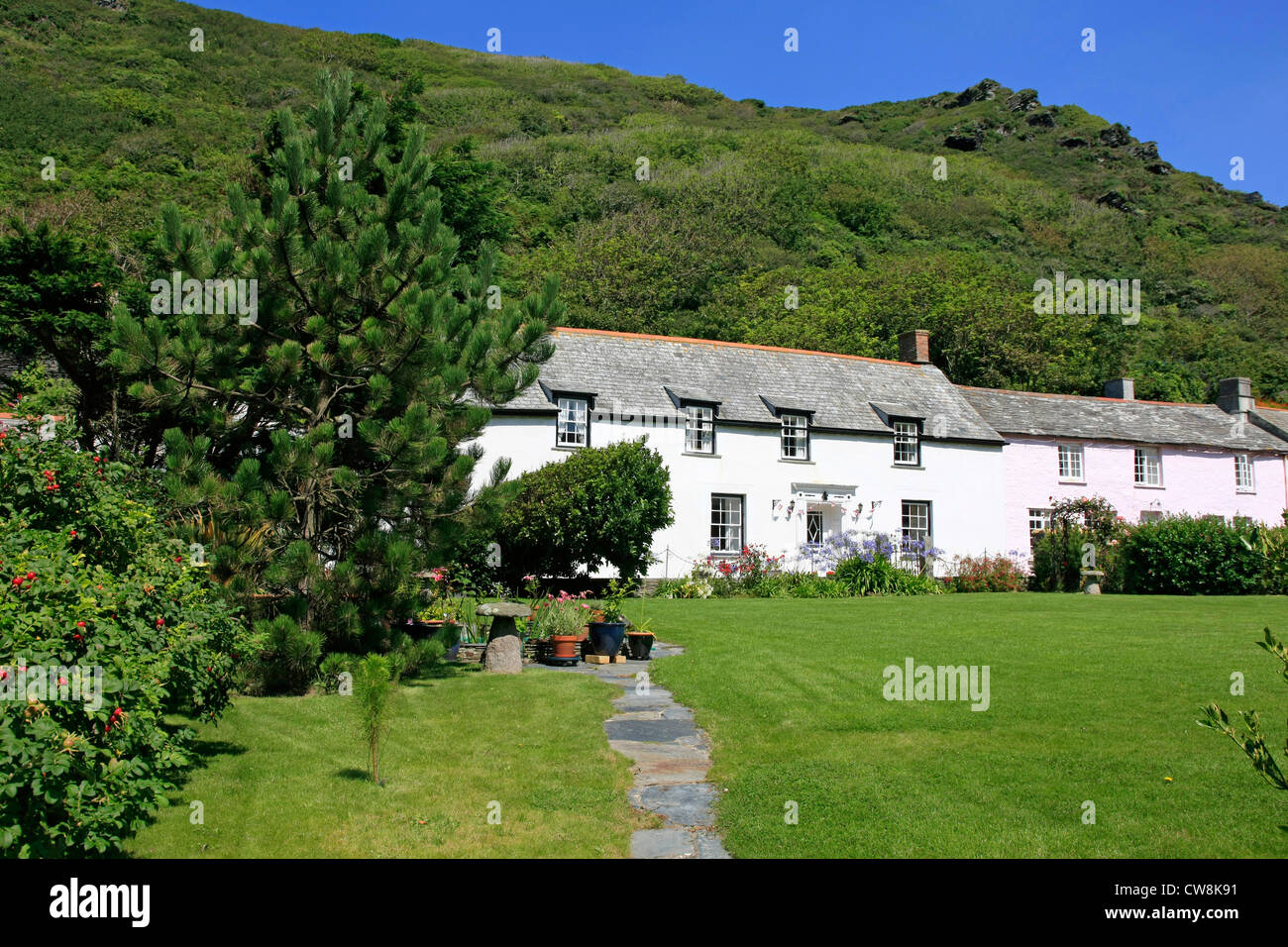 White painted cottages in Boscastle Cornwall Stock Photo - Alamy