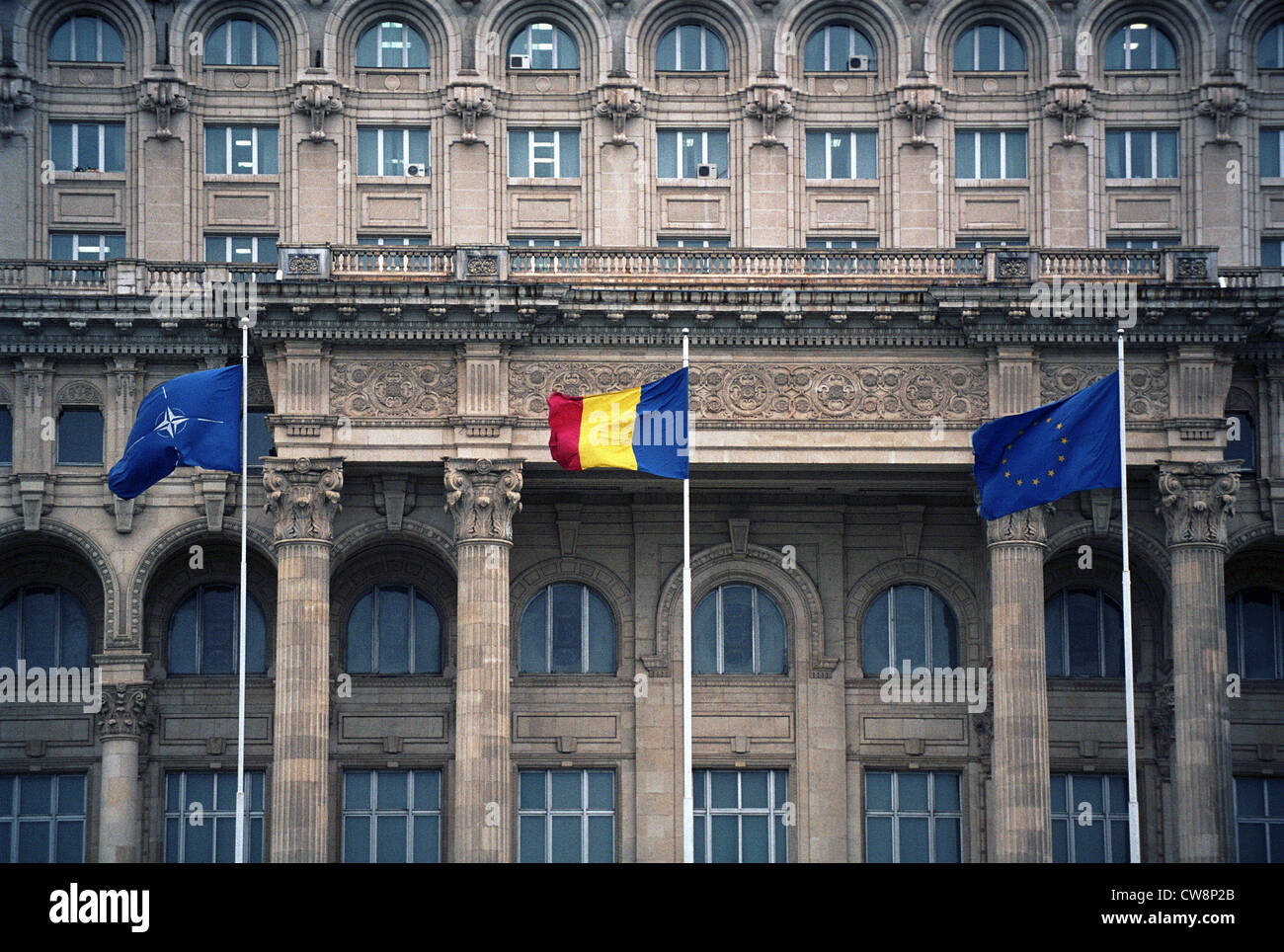 Flags in front of the Palace of the Parliament (Palatul Parlamentului ...