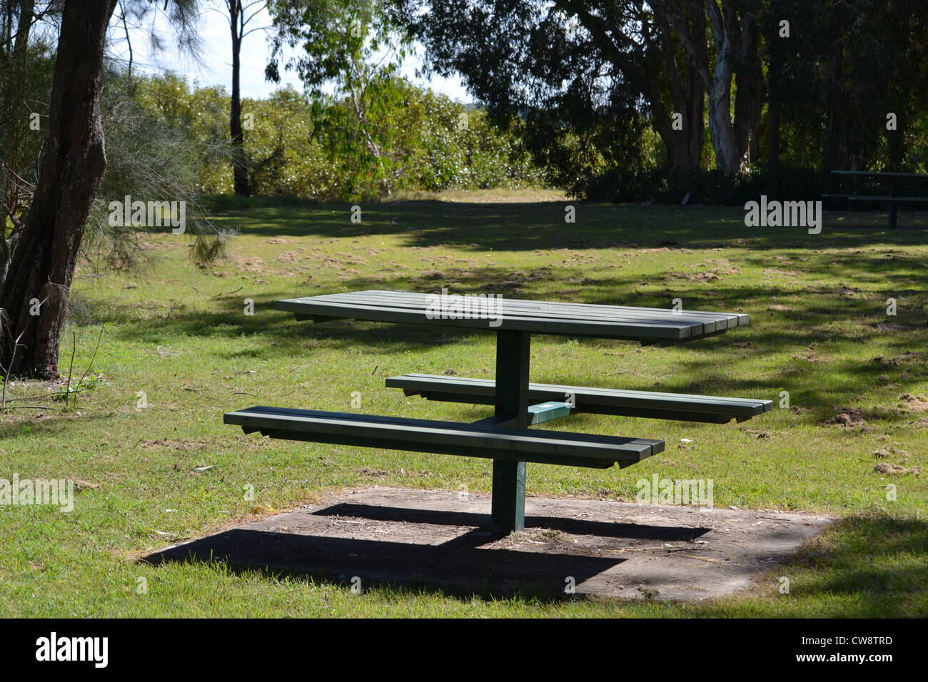 green wooden Picnic table in the park Stock Photo - Alamy