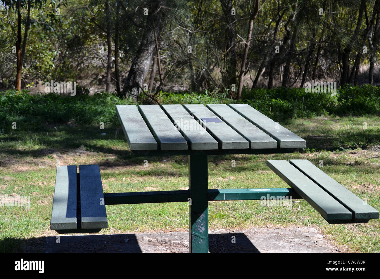 green wooden Picnic table in the park Stock Photo - Alamy