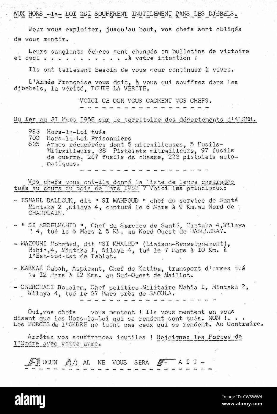 Tract appealing to fellaghas to surrender to French army Stock Photo ...