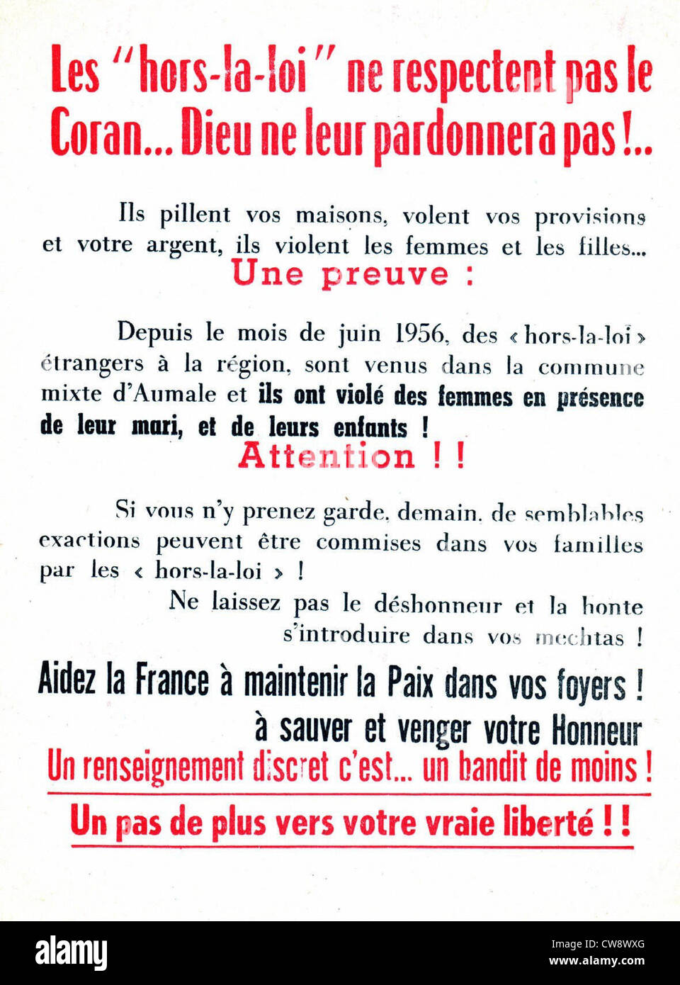 Propaganda tract against the F.L.N Stock Photo - Alamy