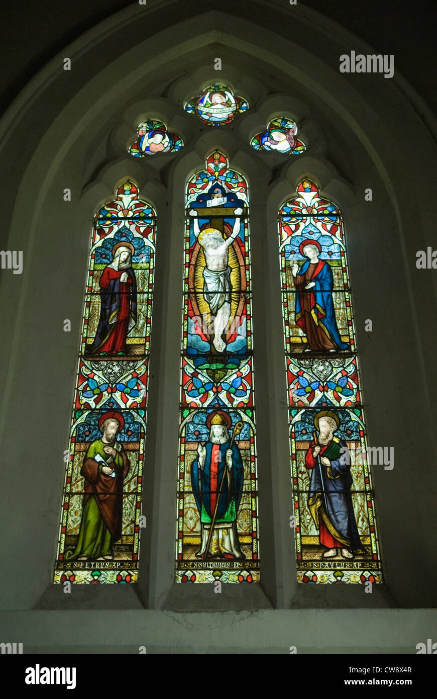 St Swithun. St Swithuns Church, stained glass window Headbourne Worthy ...