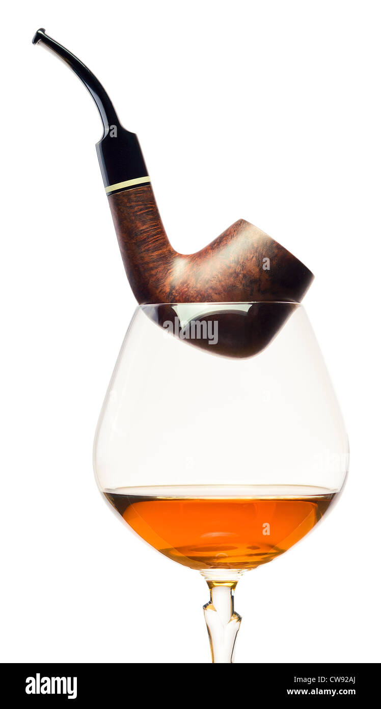cognac and pipe isolated on a white background Stock Photo - Alamy