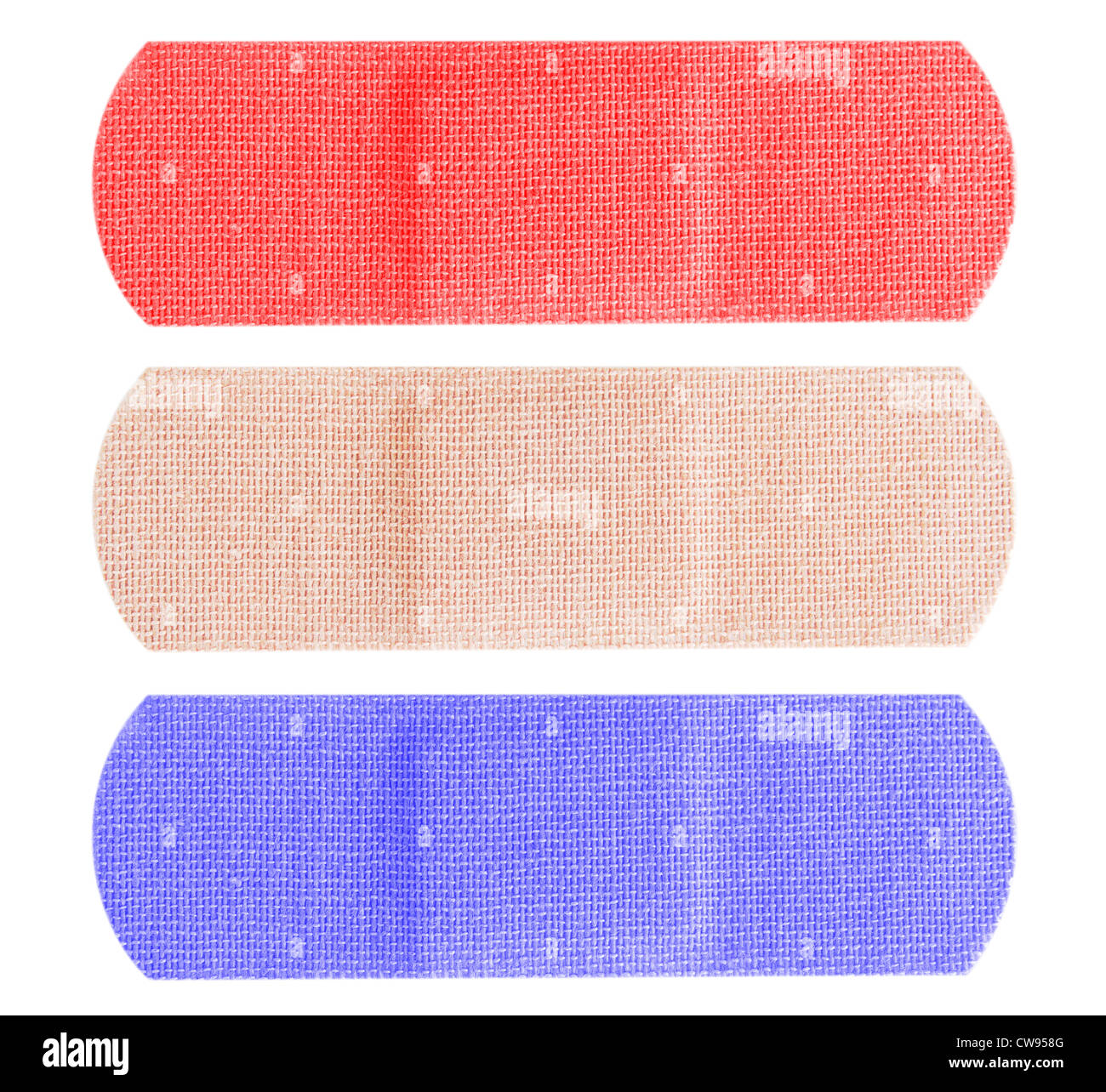 Red, white and blue bandaids or bandages isolated on white background ...