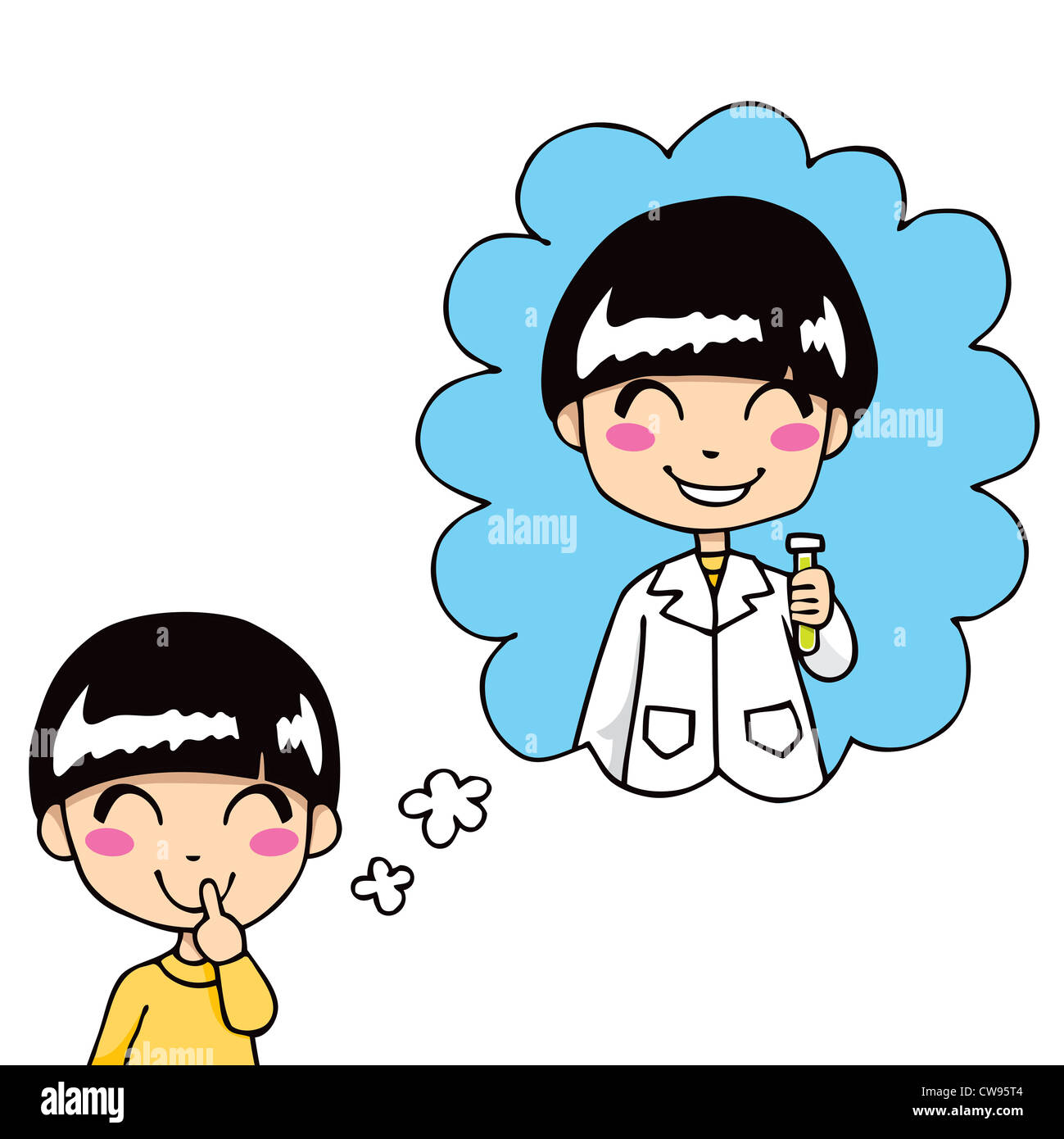 Cute little boy dreaming being a smart scientist making discoveries in ...