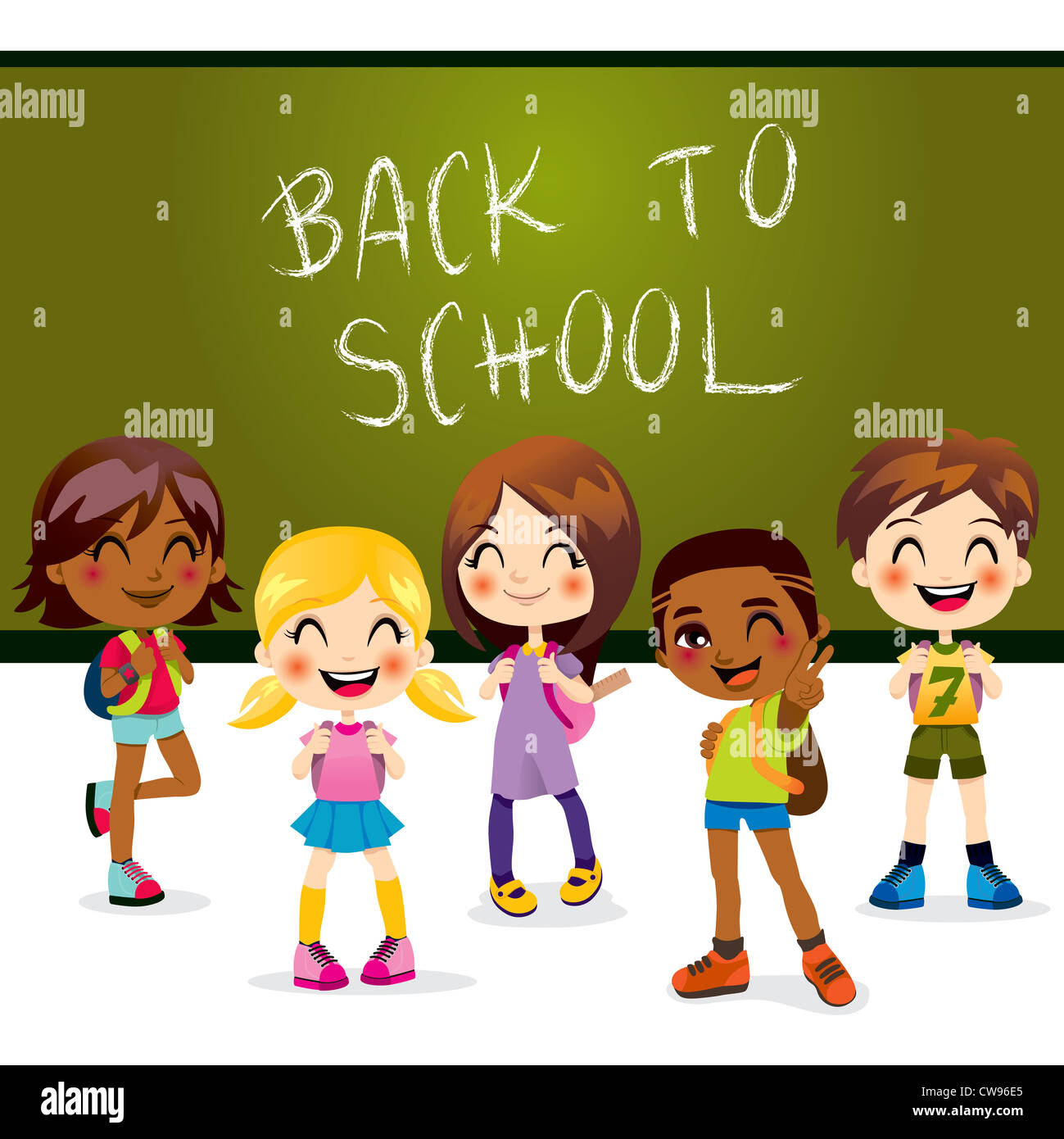 Five children happy back to school standing in front of classroom ...