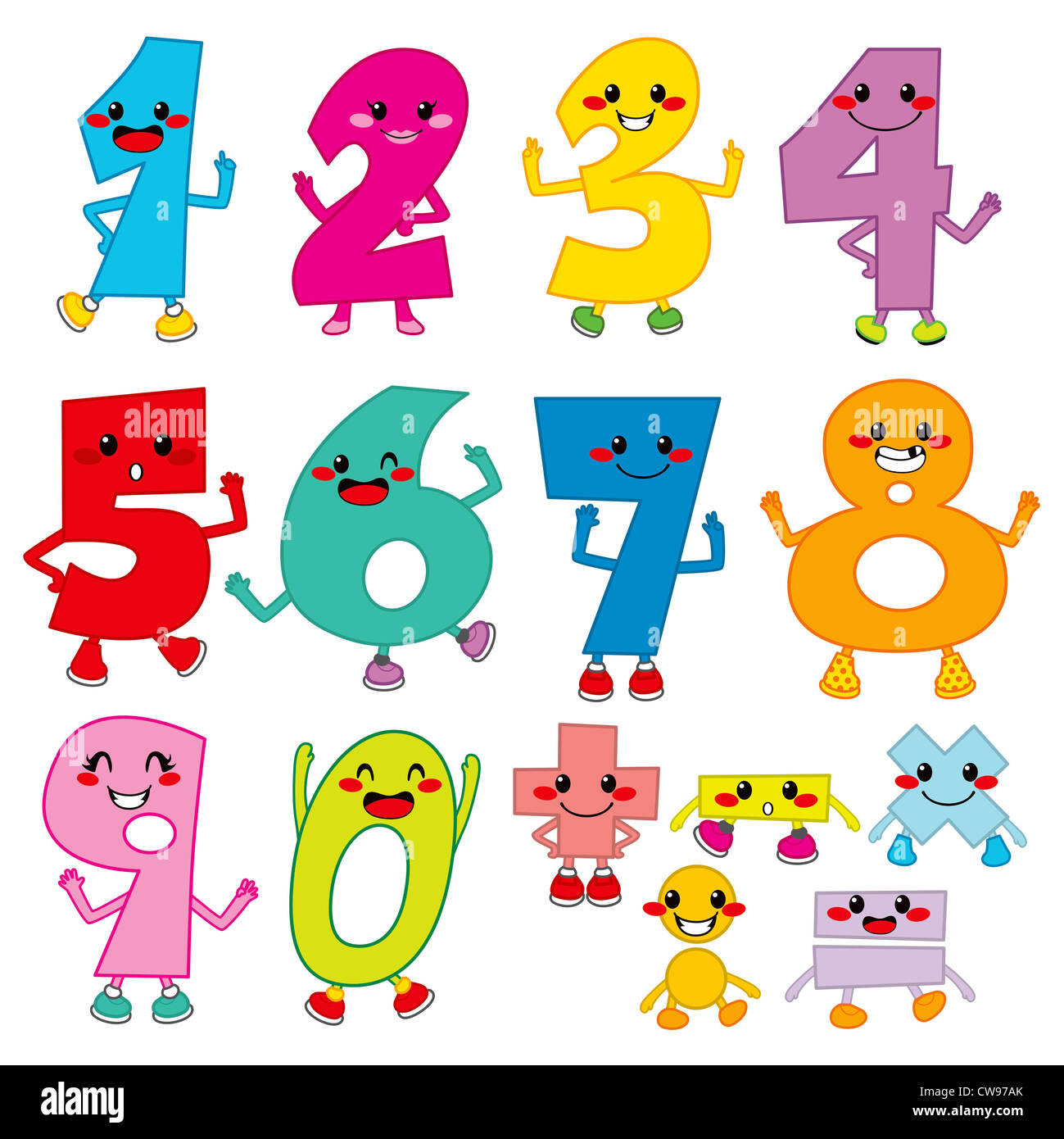 Set of funny cartoon numbers and mathematical operation signs Stock ...