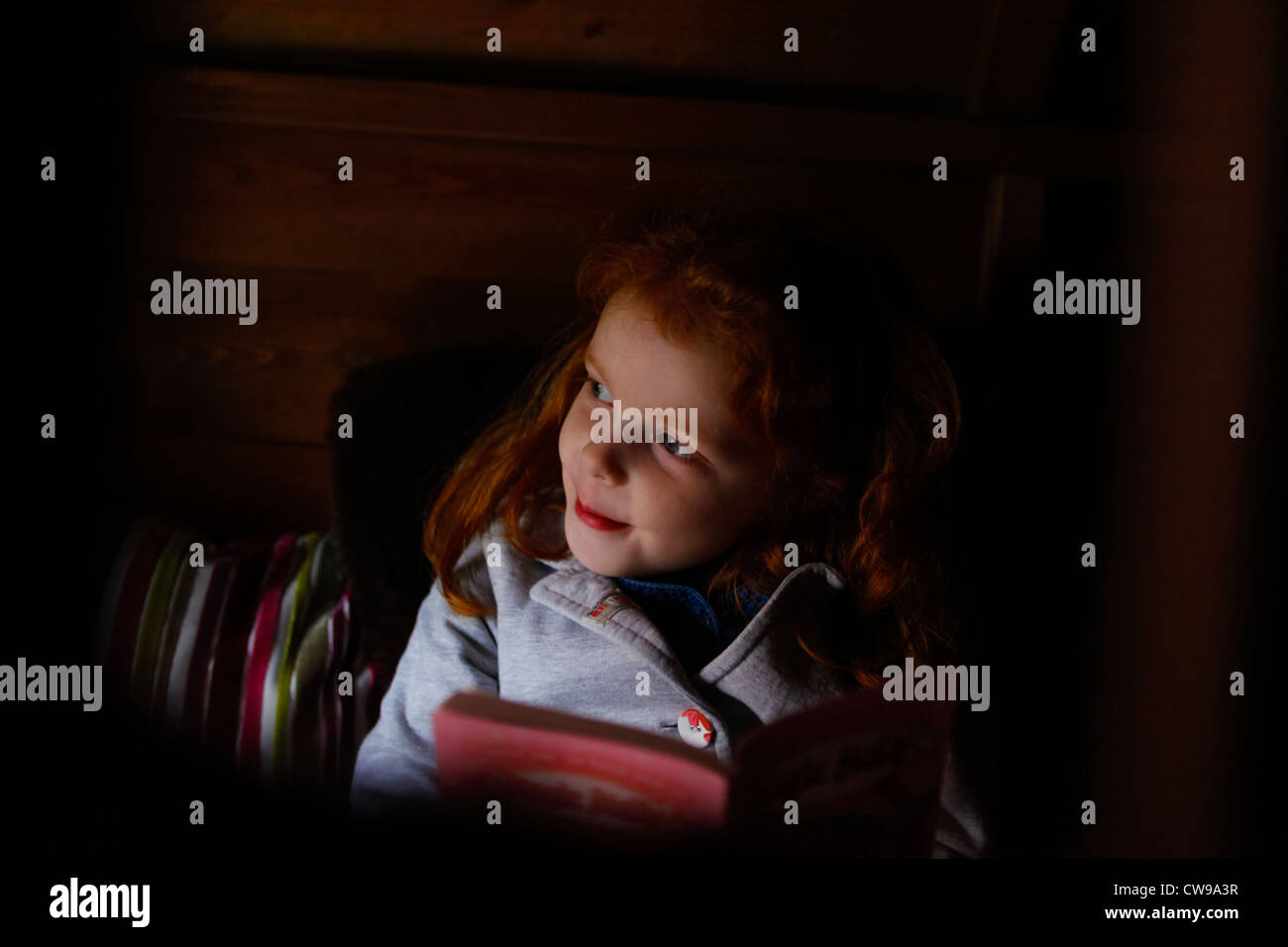 Little girl reading a book in her playhouse den Stock Photo - Alamy